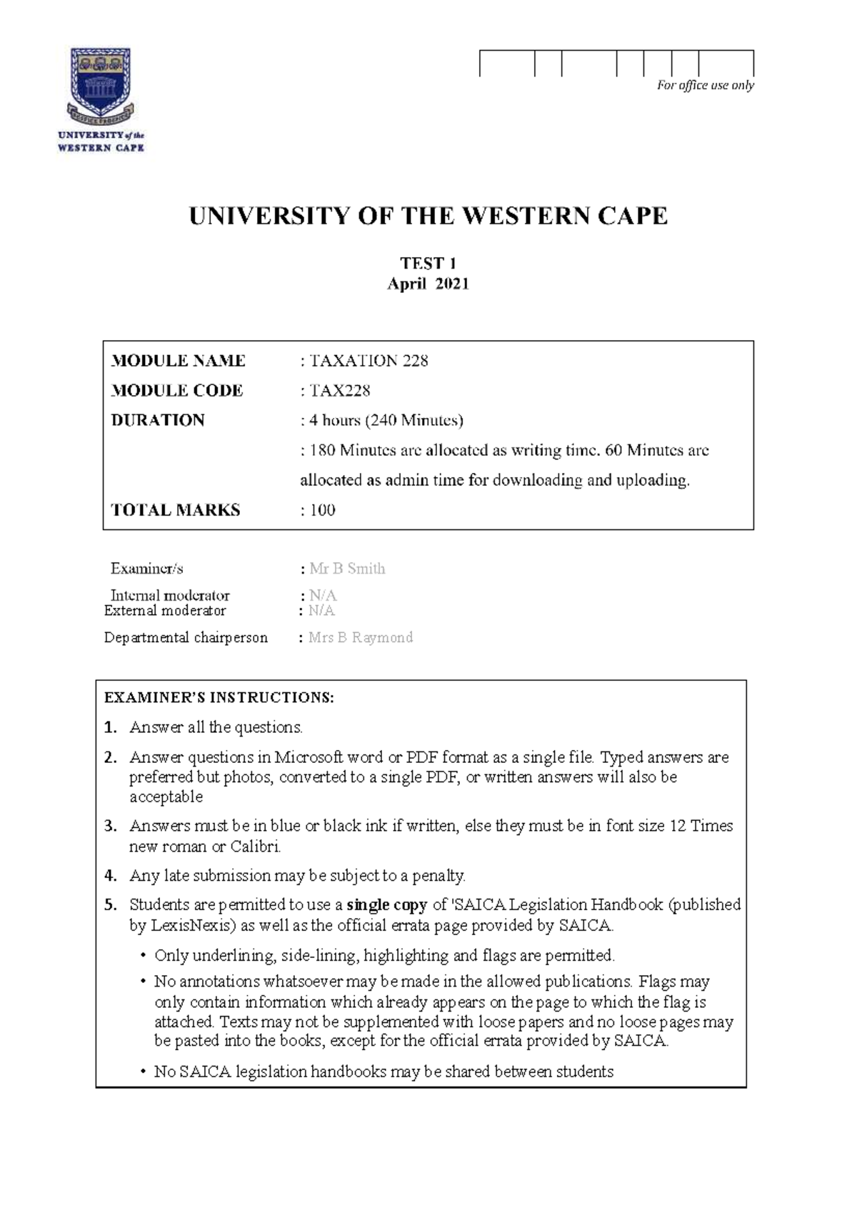 Question Paper Term Test 1 TAX 228 Final 2021 - External moderator : N ...
