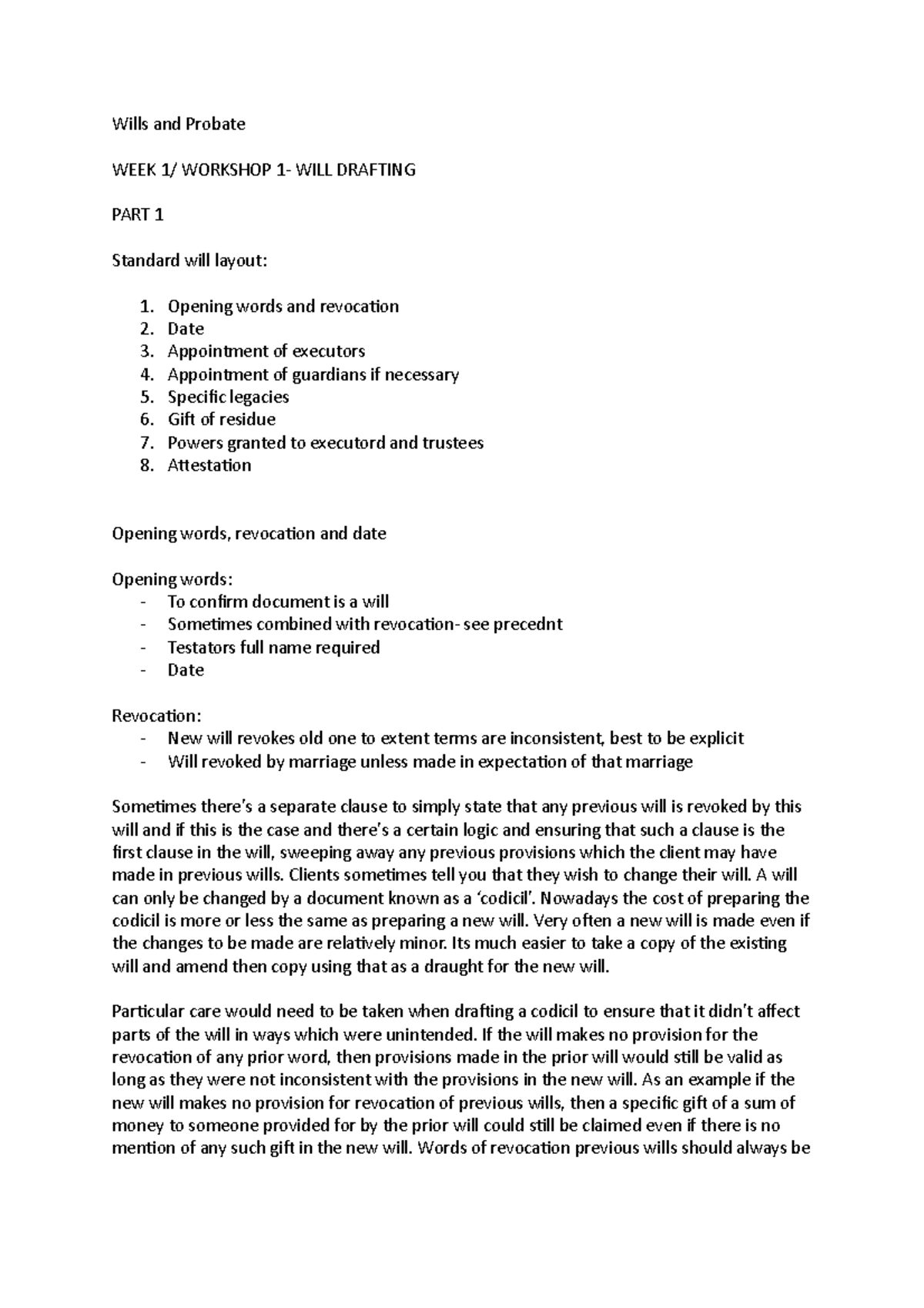 Wills and Probate revision notes - Wills and Probate WEEK 1/ WORKSHOP 1 ...