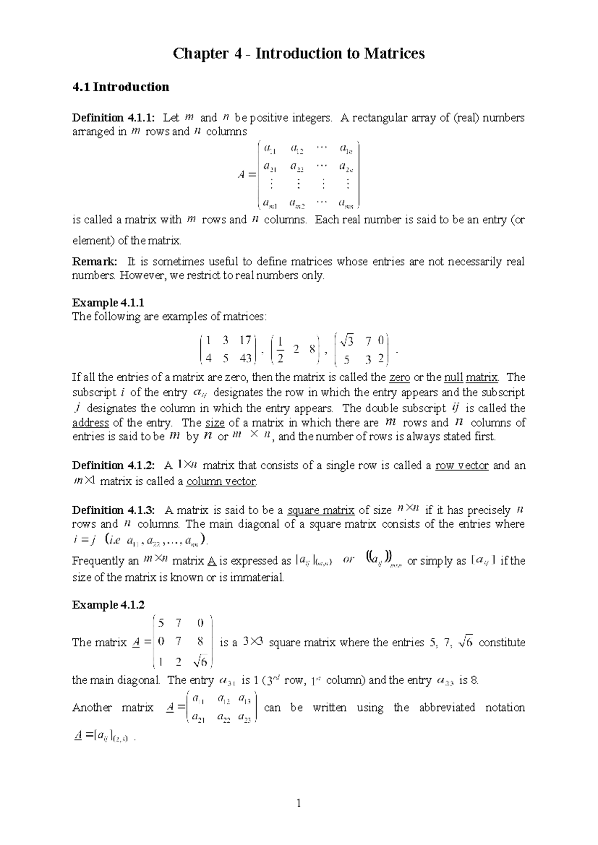 Chapter 4 - Matrix Algebra - Chapter 4 - Introduction to Matrices 4 Introduction Definition 4.1 ...