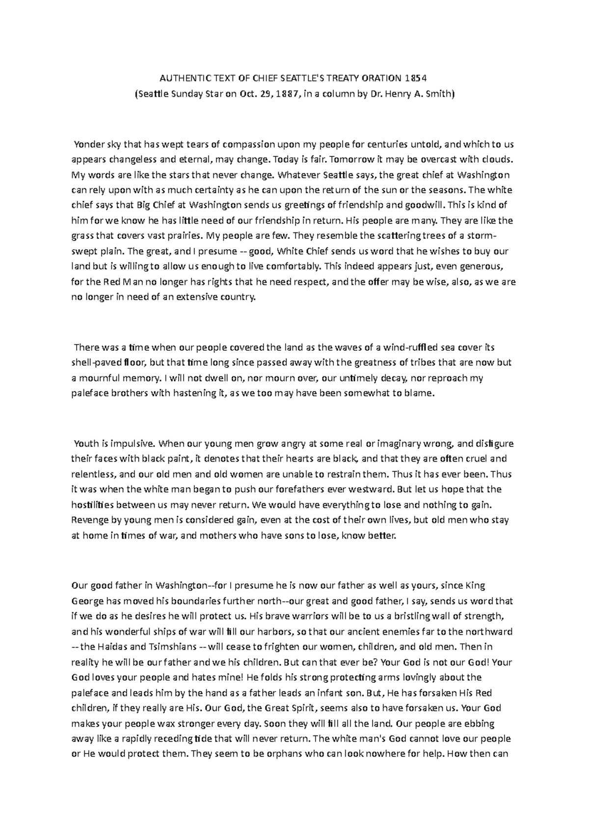 Chief Seattles 1854 Speech - AUTHENTIC TEXT OF CHIEF SEATTLE'S TREATY ...