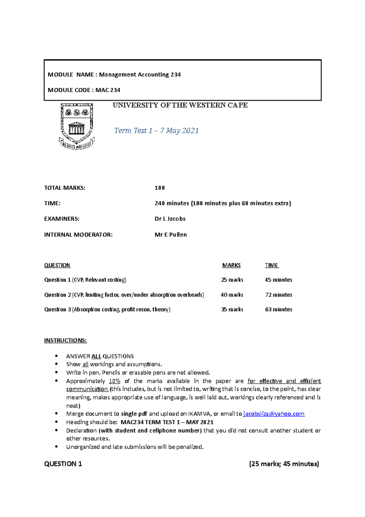 Mac 234 2021 Term test 7 May - MODULE NAME : Management Accounting 234 ...