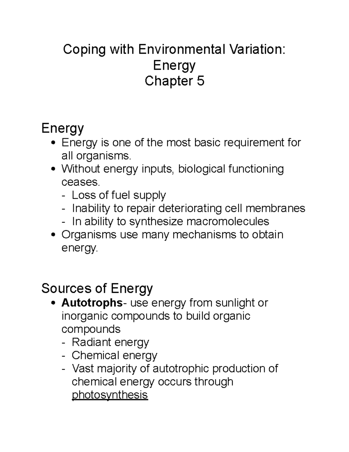 Coping with Environmental Variation- Energy Chapter 5 - Coping with ...