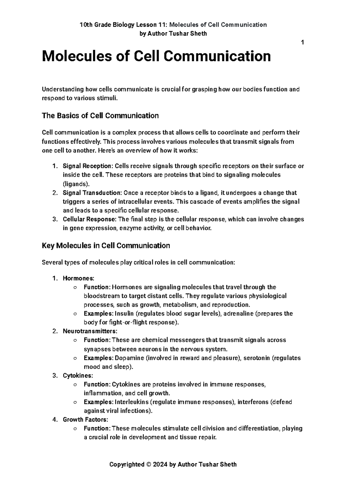10th Grade Science Biology Lesson 11 Molecules of Cell Communication ...