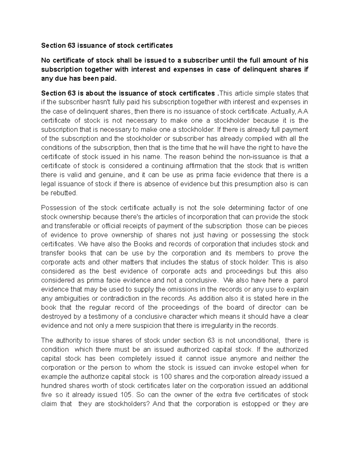 Section 63 issuance of stock certificates - Section 63 issuance of ...