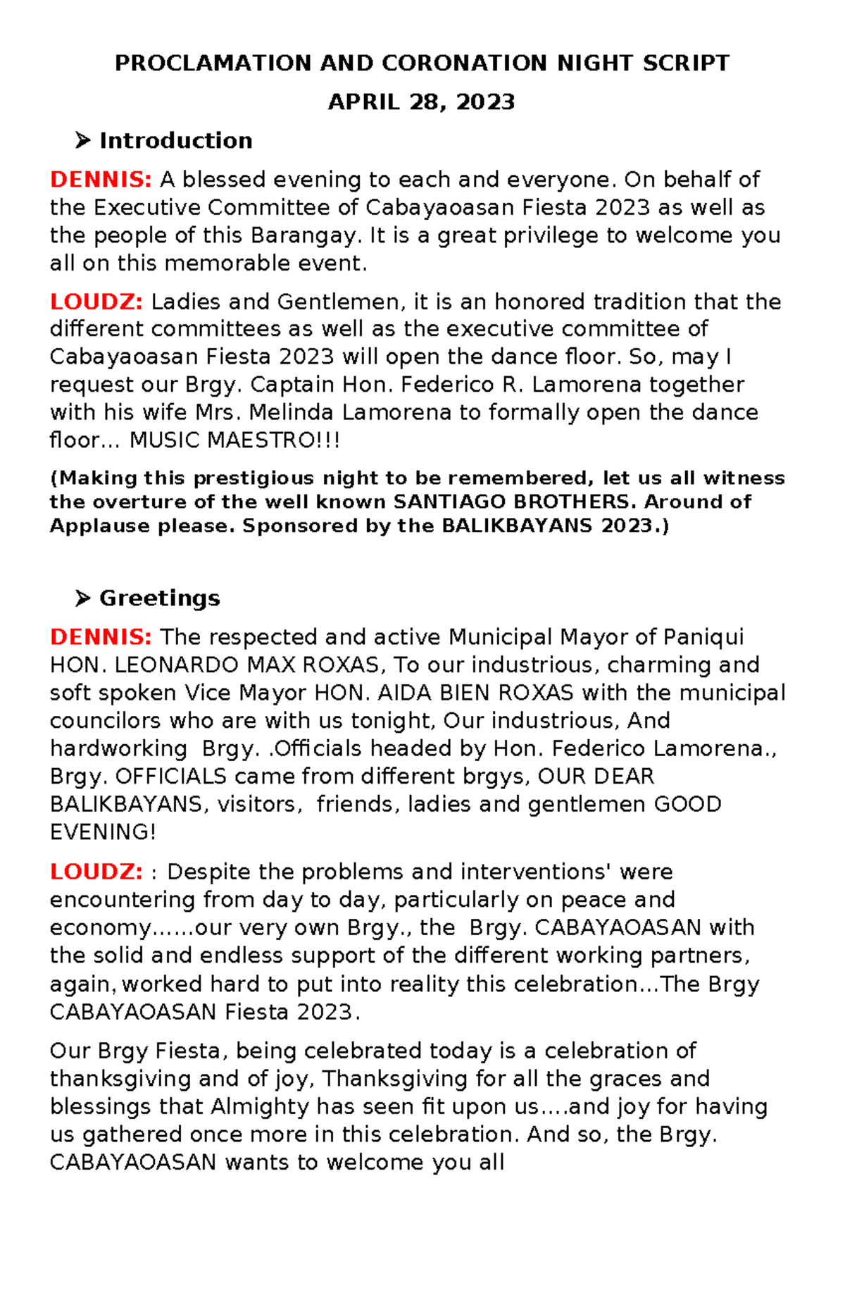 Brgy - for educational purposes only - PROCLAMATION AND CORONATION ...