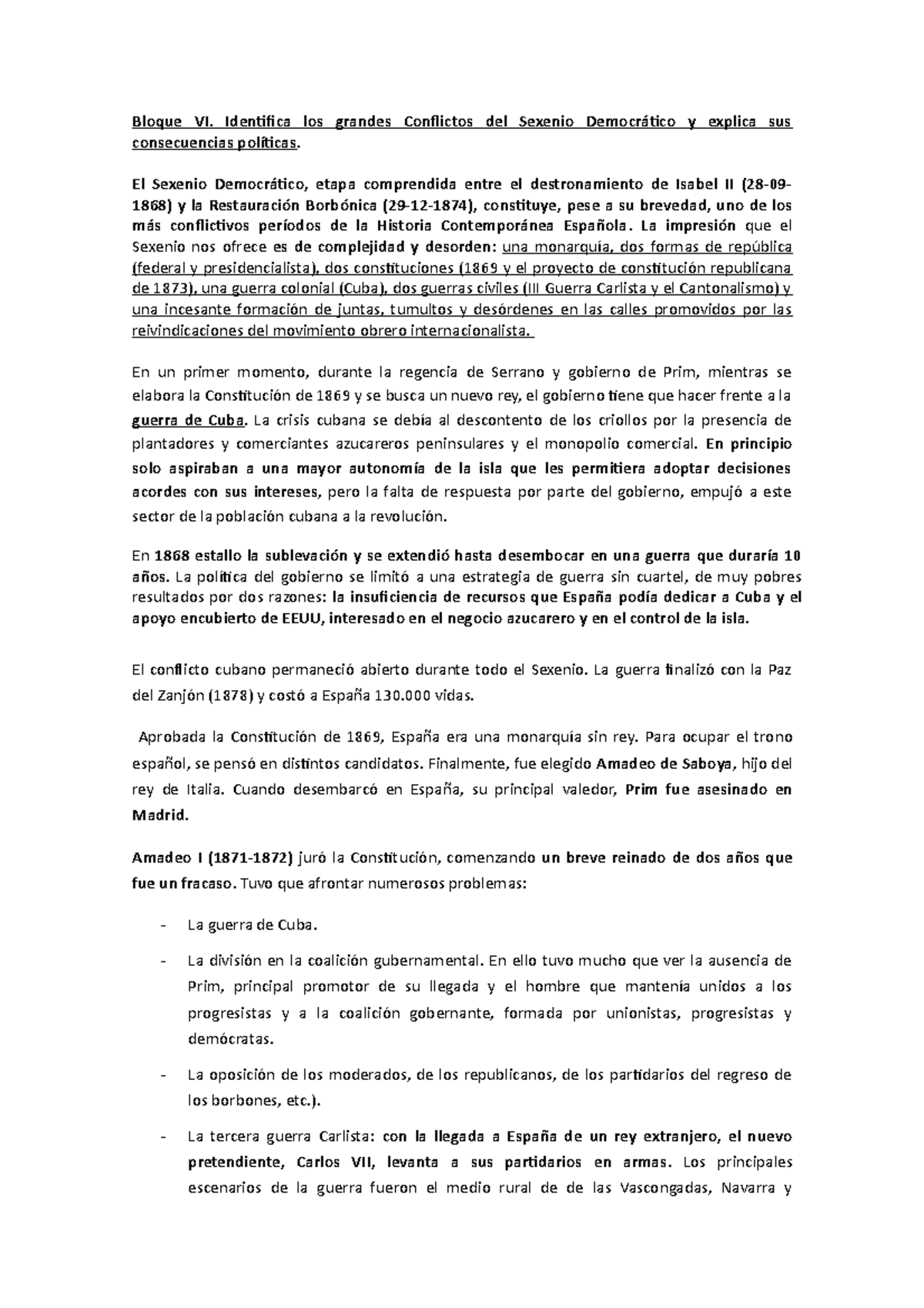 Bloque VI Conflictos del Sexenio Democr tico - Bloque VI. Identifica los grandes Conflictos del ...