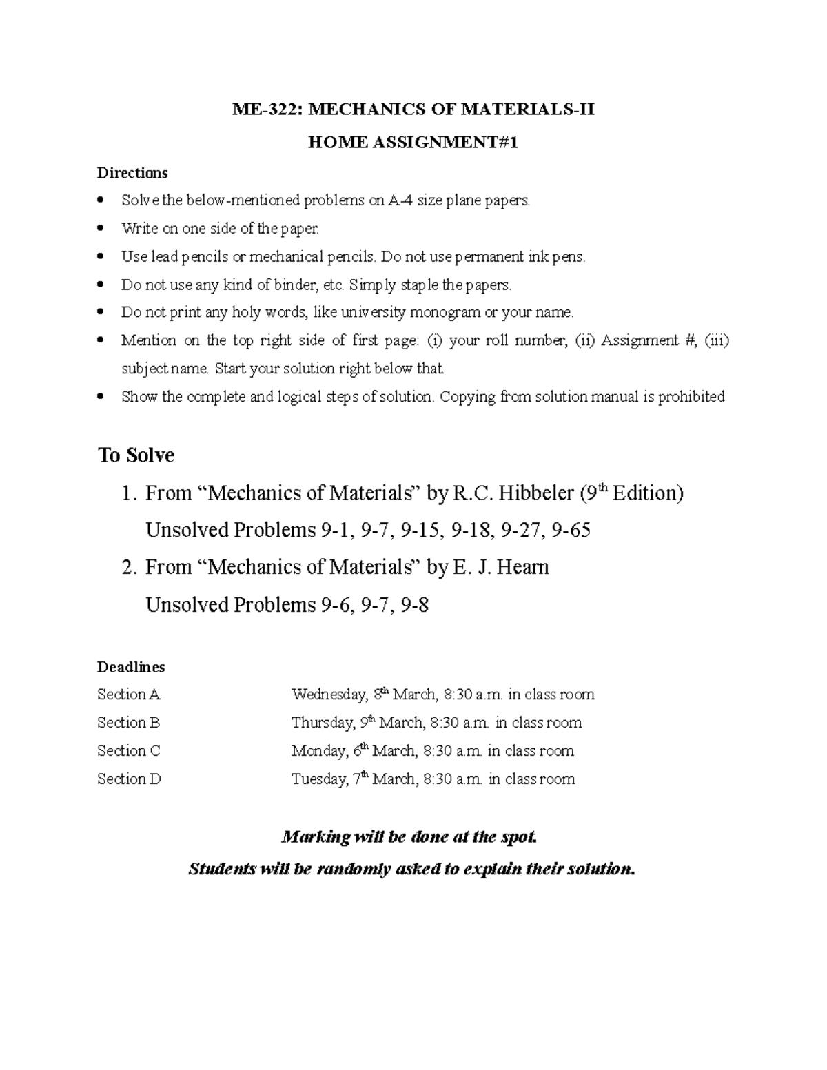 Assignment 1 - ME-322: MECHANICS OF MATERIALS-II HOME ASSIGNMENT ...