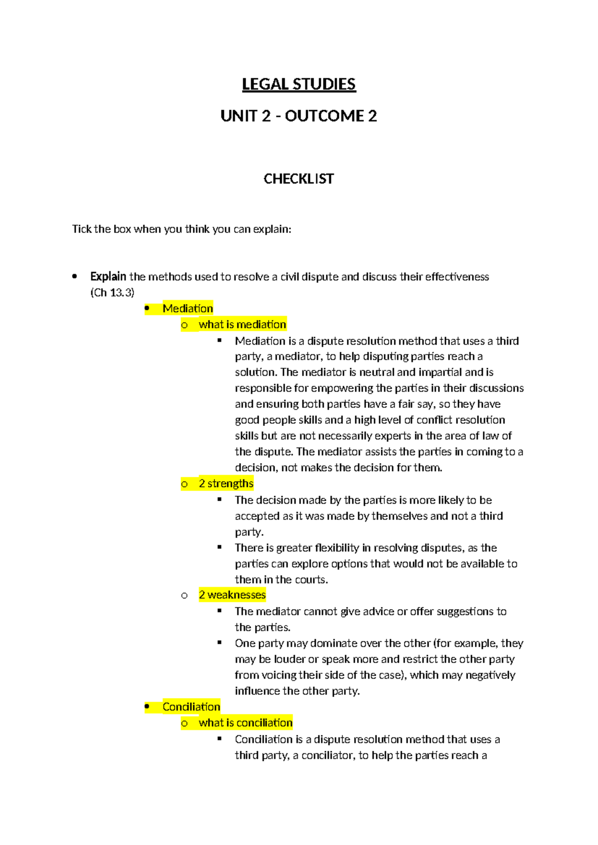 Unit 2 outcome 2 cue cards - LEGAL STUDIES UNIT 2 - OUTCOME 2 CHECKLIST ...