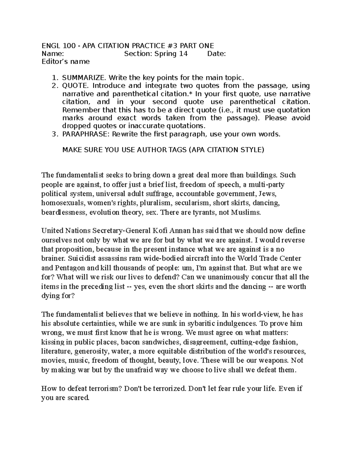 APA Practice #3 - APA Test 3 - ENGL 100 - APA CITATION PRACTICE #3 PART ...
