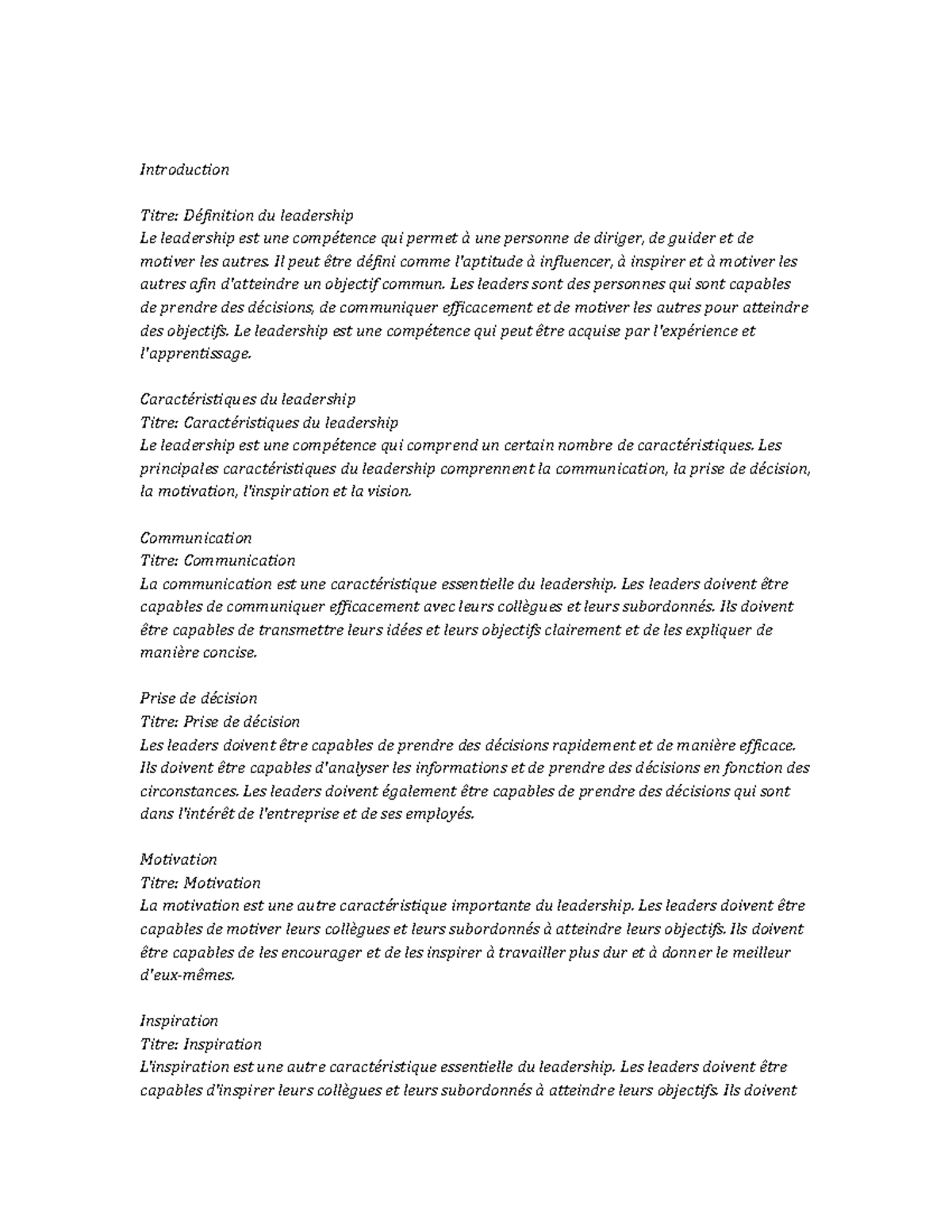 Leadership note study - Introduction Titre: Définition du leadership Le ...