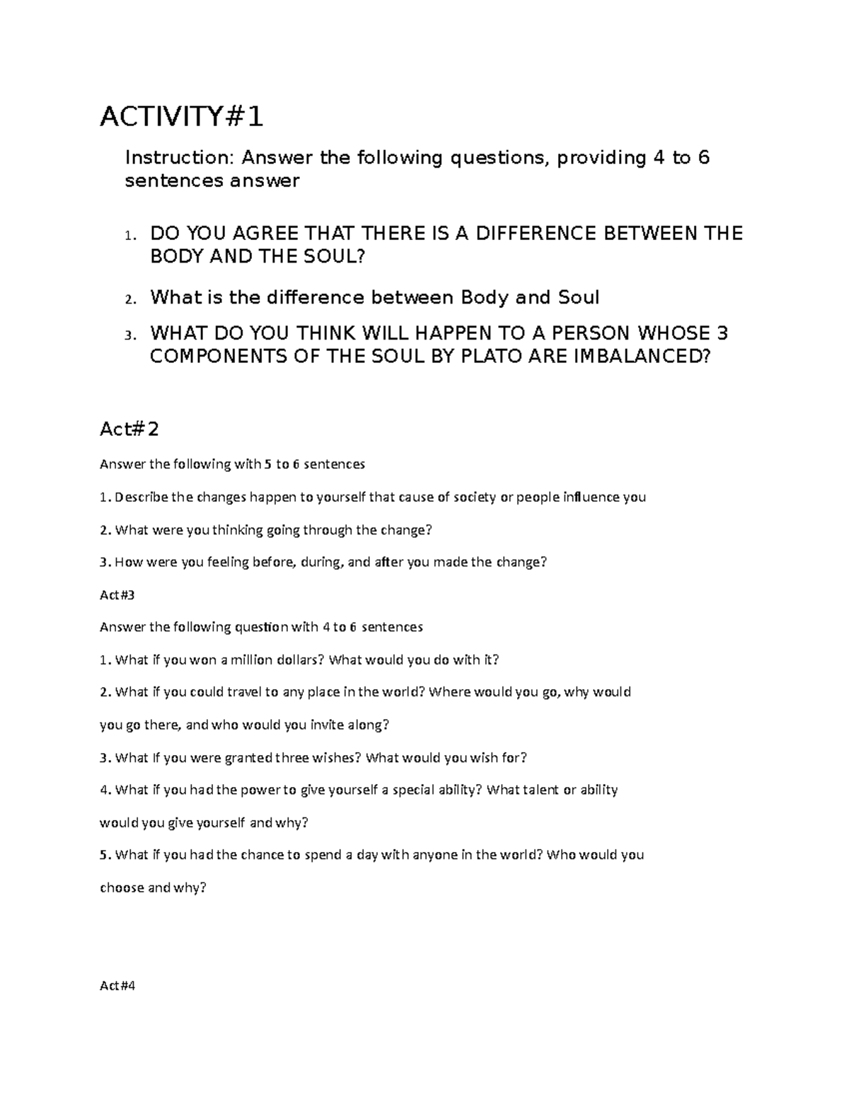 Activity Understanding - ACTIVITY# Instruction: Answer the following ...