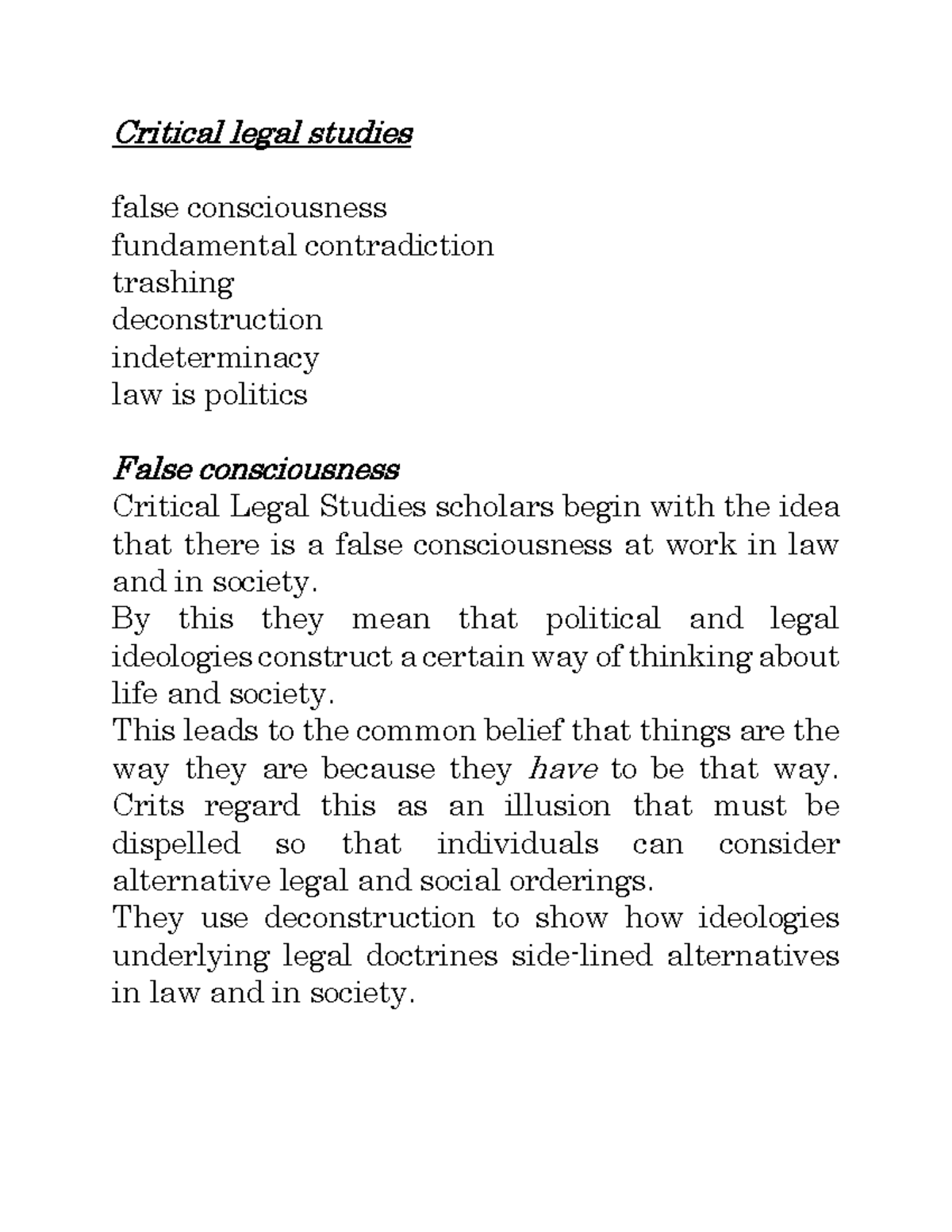 Notes on Critical Legal Studies to be used with guide - Critical legal ...