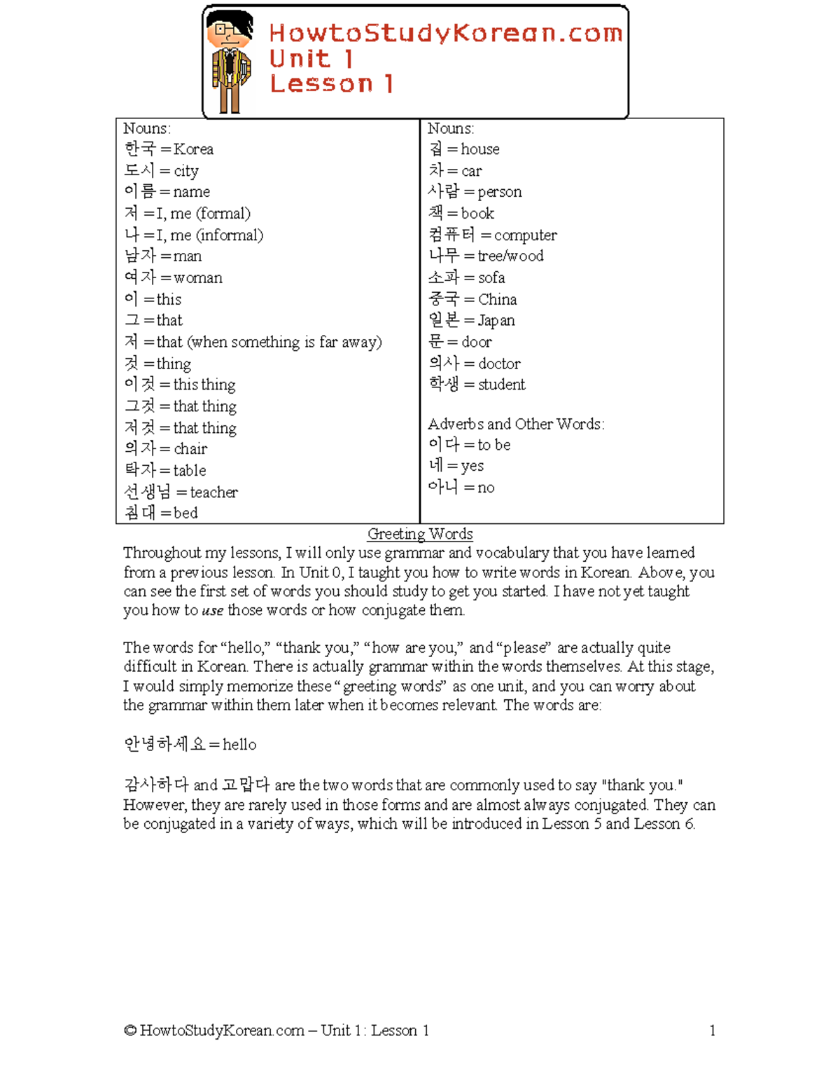 Howto Study Korean Unit 1 Lesson 1 - Nouns: 한국 = Korea 도시 = city 이름 ...