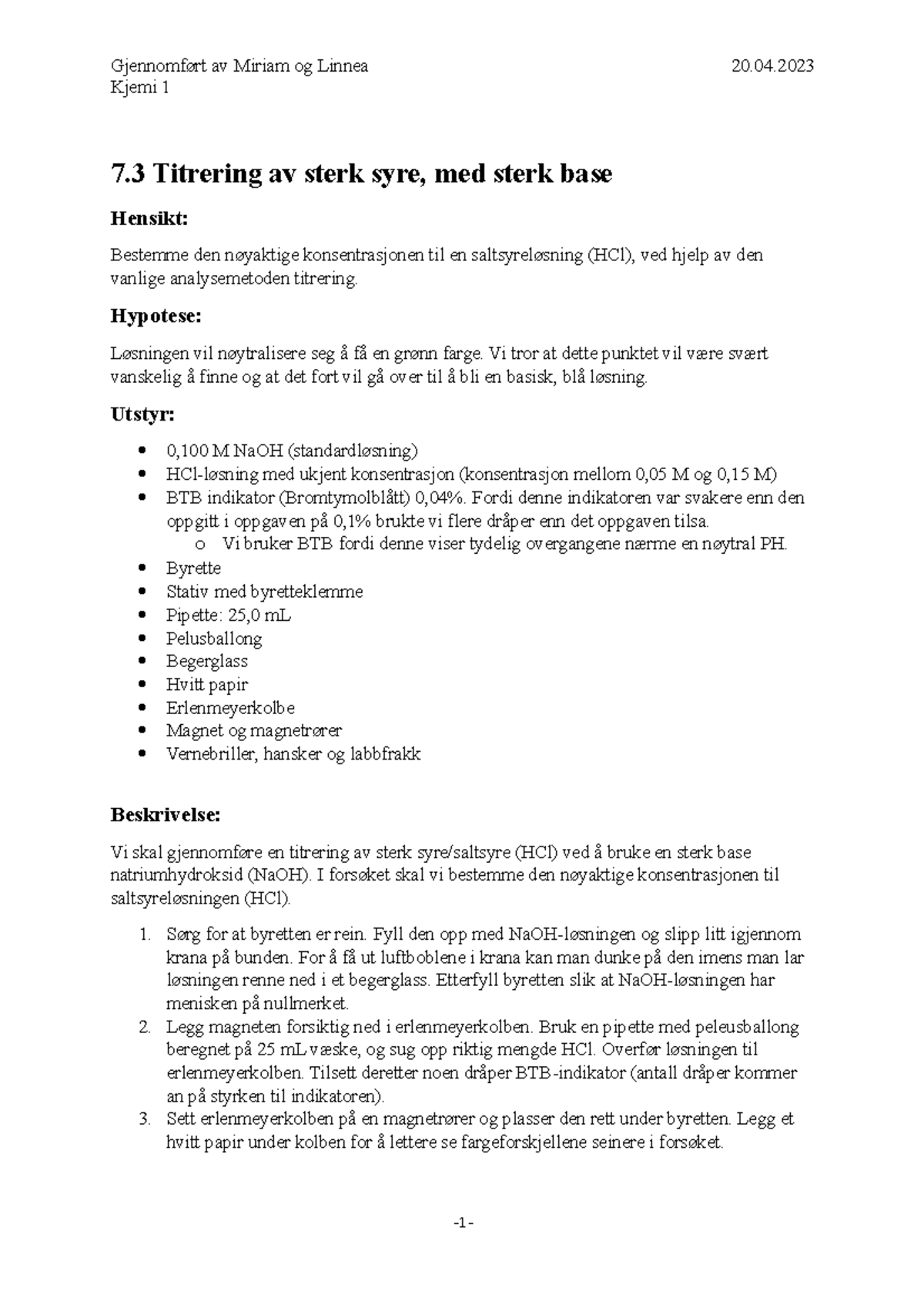 Titrering av sterk syre med sterk base - Kjemi 1 7 Titrering av sterk syre, med sterk base ...