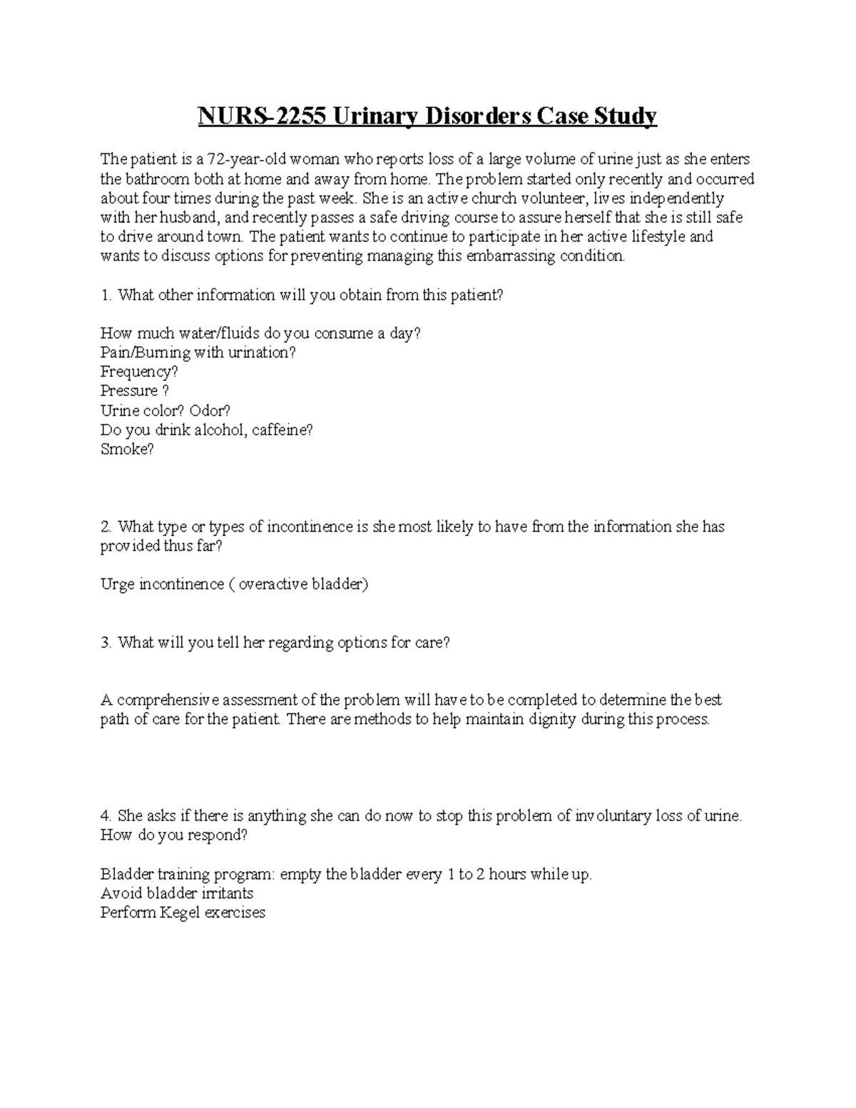 Urinary case study - NA assignment - NURS-2255 Urinary Disorders Case ...