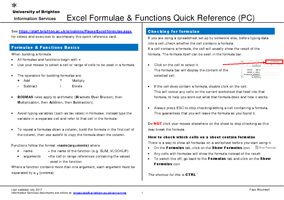 Sumif - bca - Excel Formulae & Functions Quick Reference (PC) Last updated July 2017 Faye - Studocu