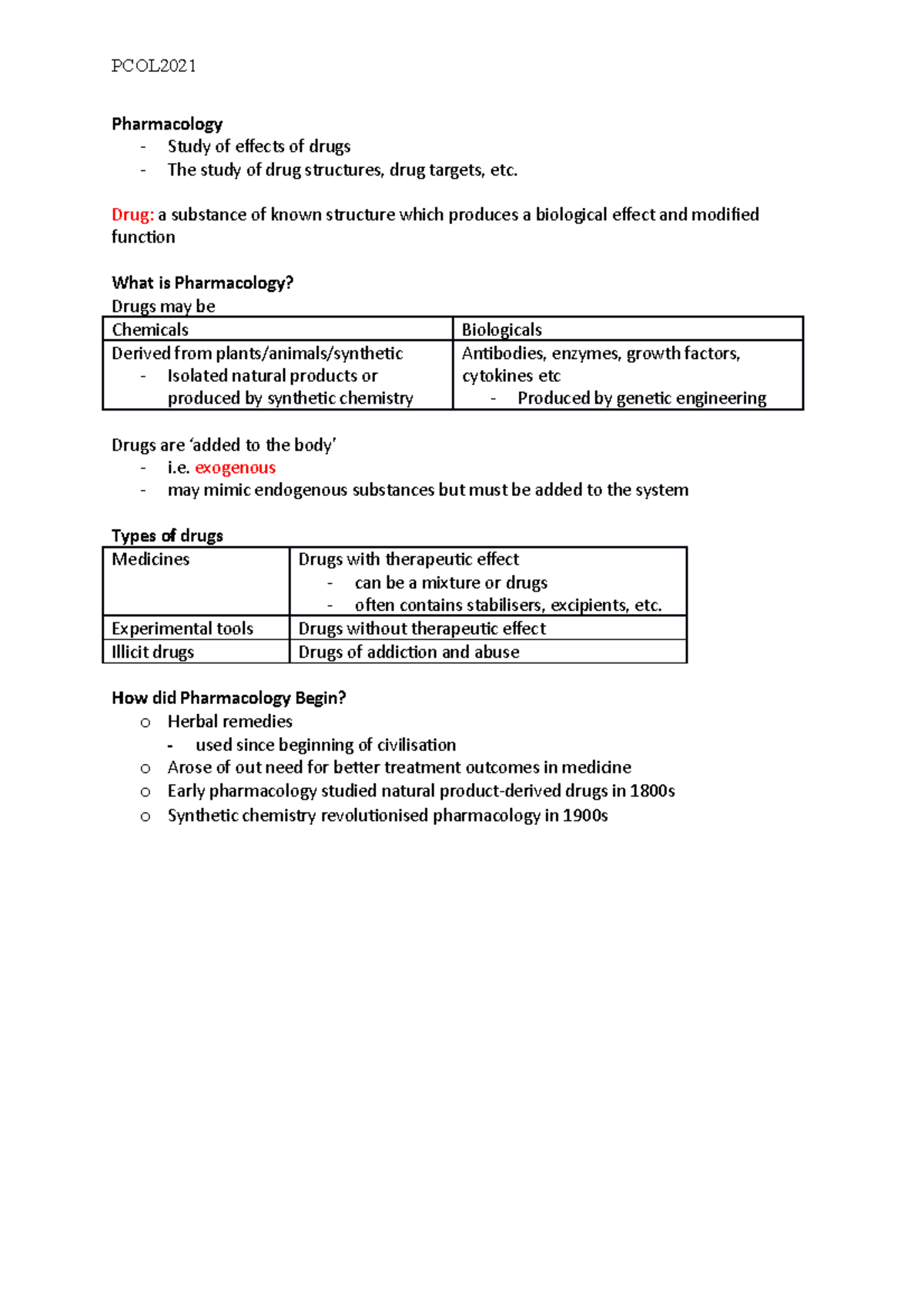 Module 1 Notes PCOL2021 - Pharmacology - Study of effects of drugs ...