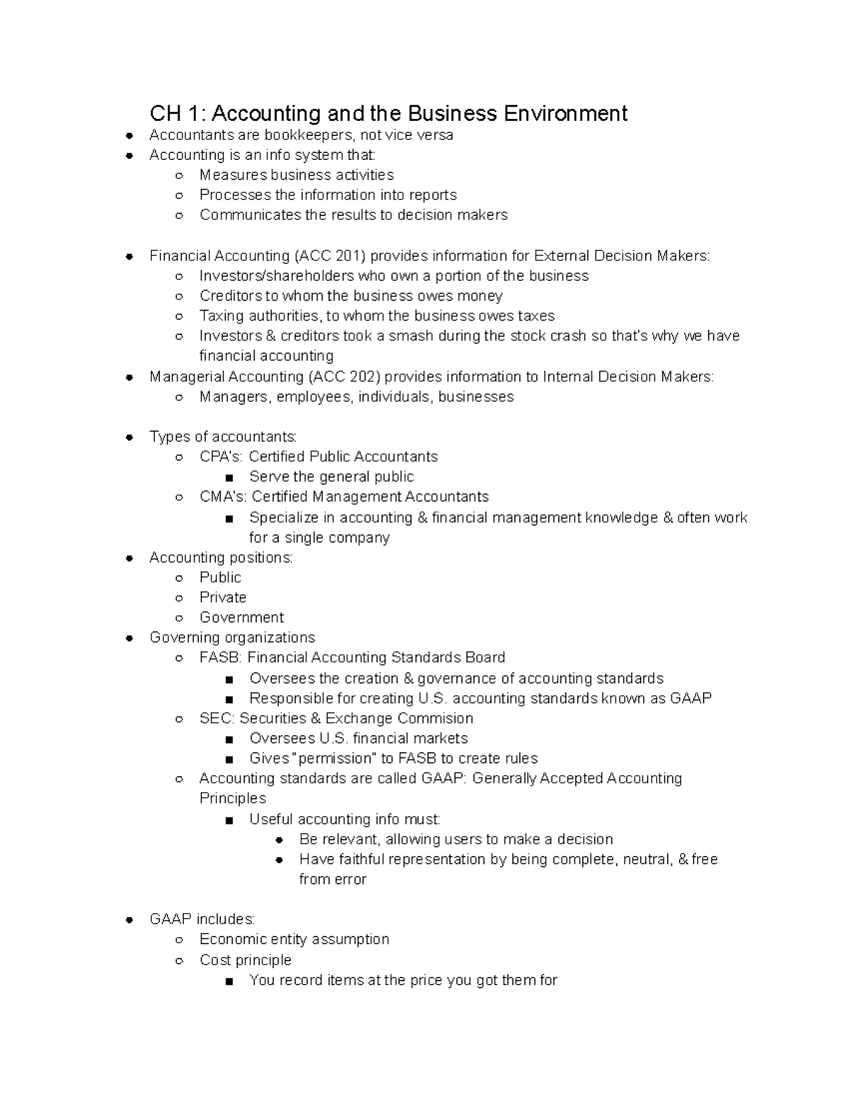 ACC 201 Notes - CH 1: Accounting and the Business Environment ...