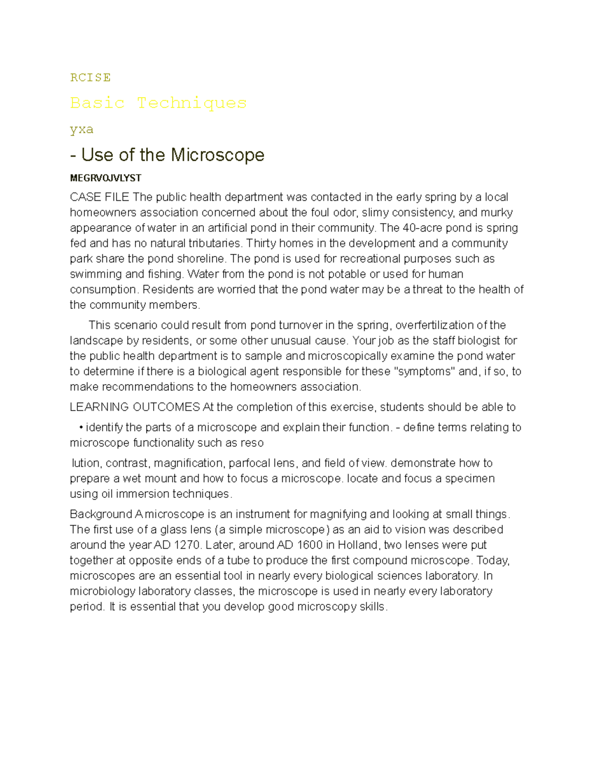 MICR Lab Wk 1 - all about week 1 in lab - RCISE Basic Techniques yxa ...