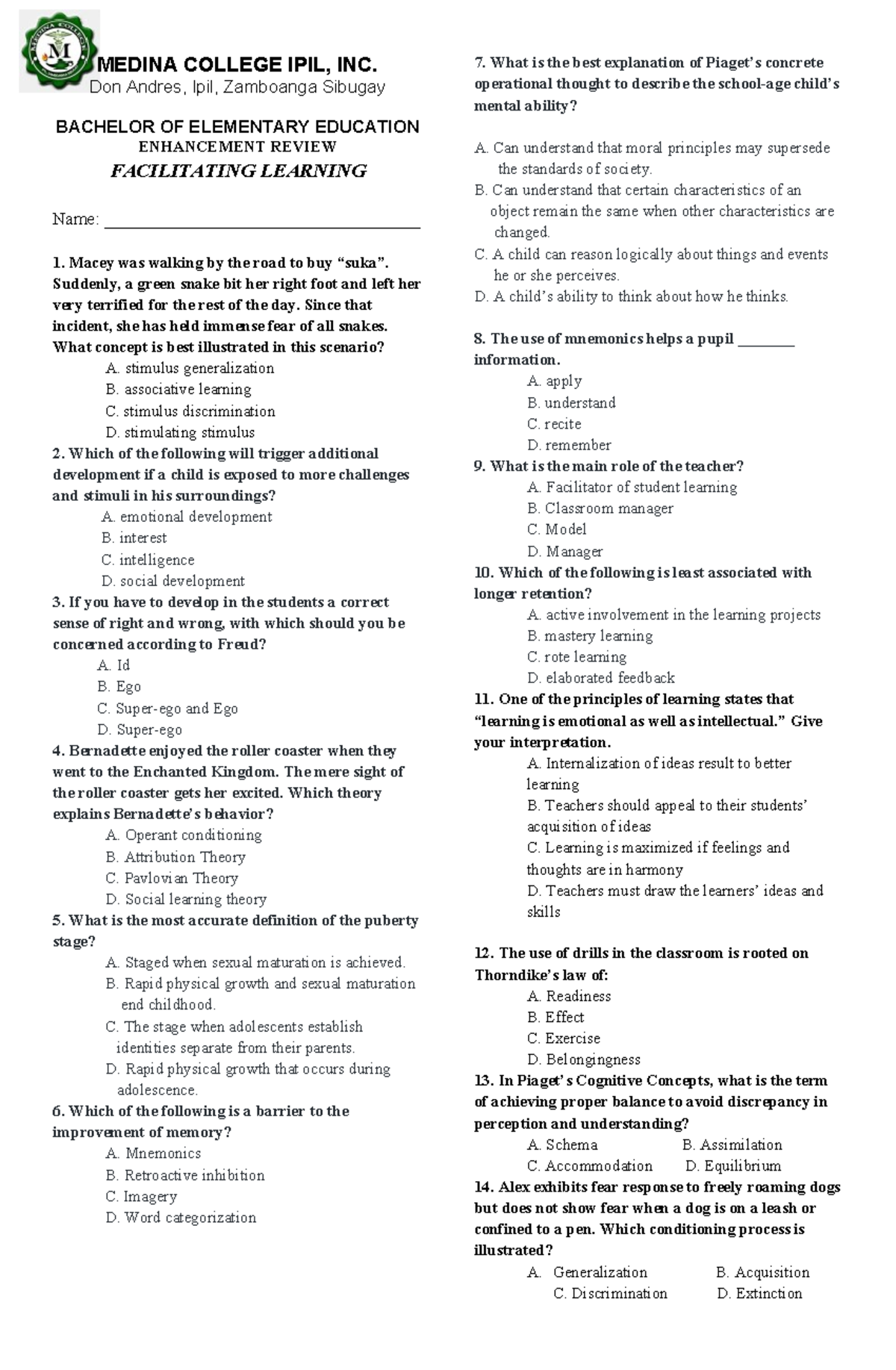 ER-BEED 4 TEST Paper - MEDINA COLLEGE IPIL, INC. Don Andres, Ipil ...