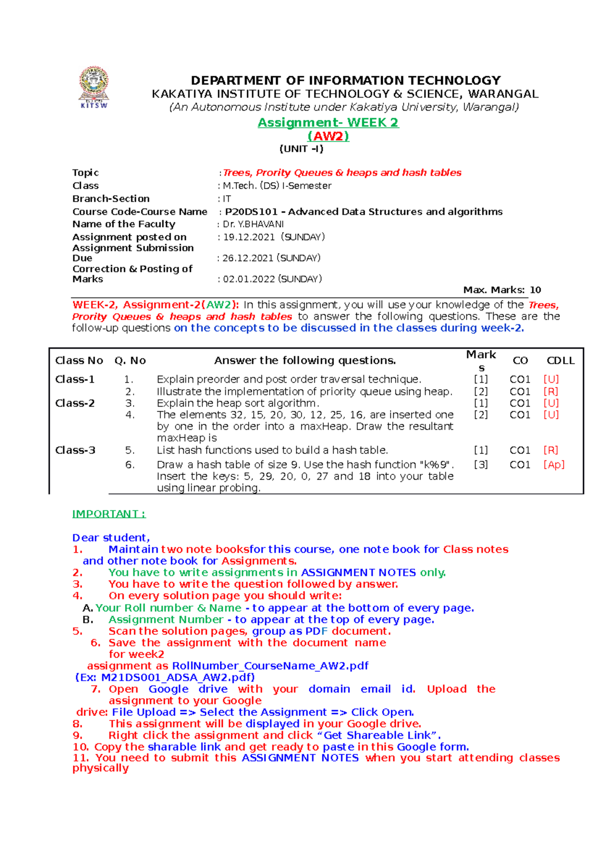 Week2 Assignment-ADSA-YB - DEPARTMENT OF INFORMATION TECHNOLOGY KAKATIYA INSTITUTE OF TECHNOLOGY ...