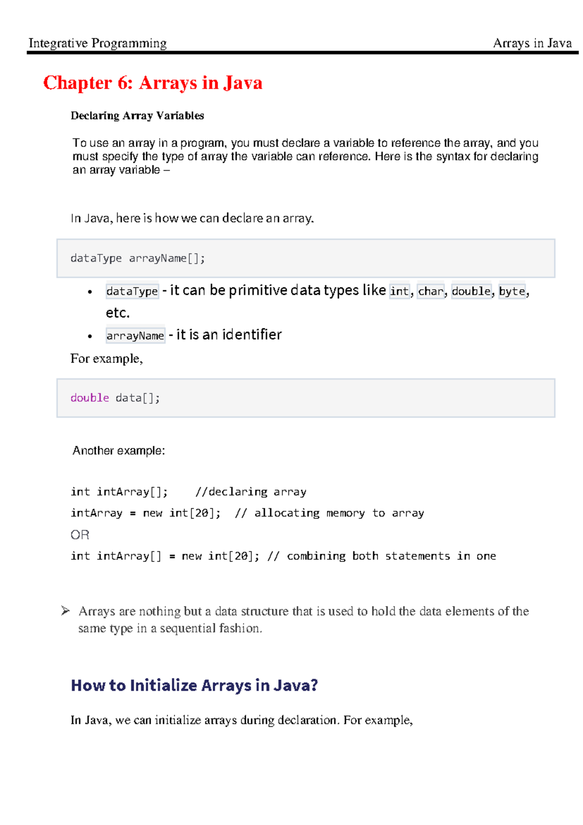 Array java ksa - BASICS OF PROGRAMMING IN JAVA - Chapter 6 : Arrays in Java Declaring Array ...