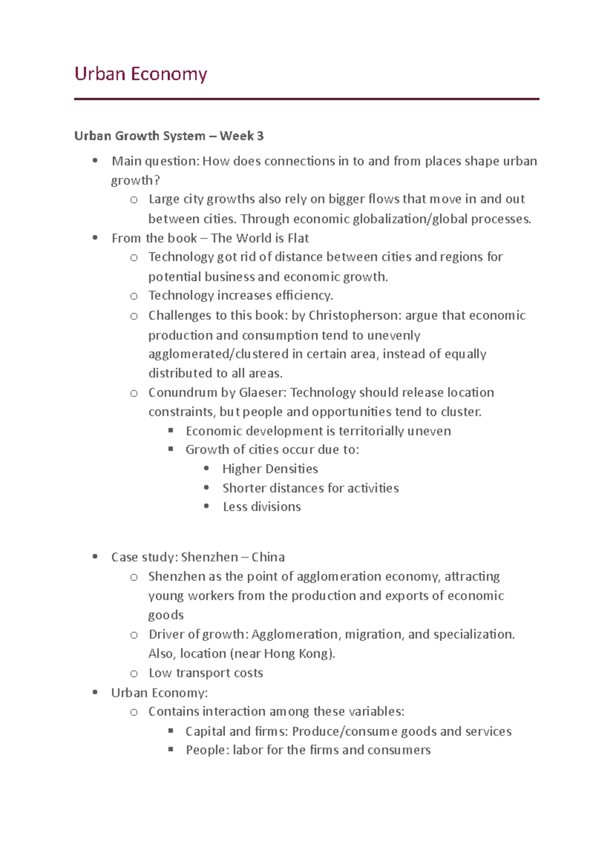 Urban Economy Week 3 - Lecture notes 3 - Urban Economy Urban Growth ...