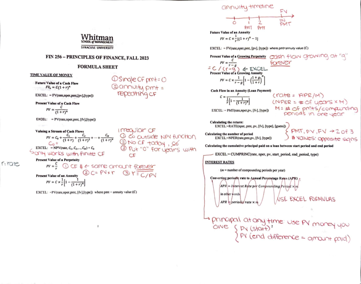 FIN256 Formula Sheet - Whitman SCHOOi. "MANAGEMENT SYRACUSE UNIVERSITY ...