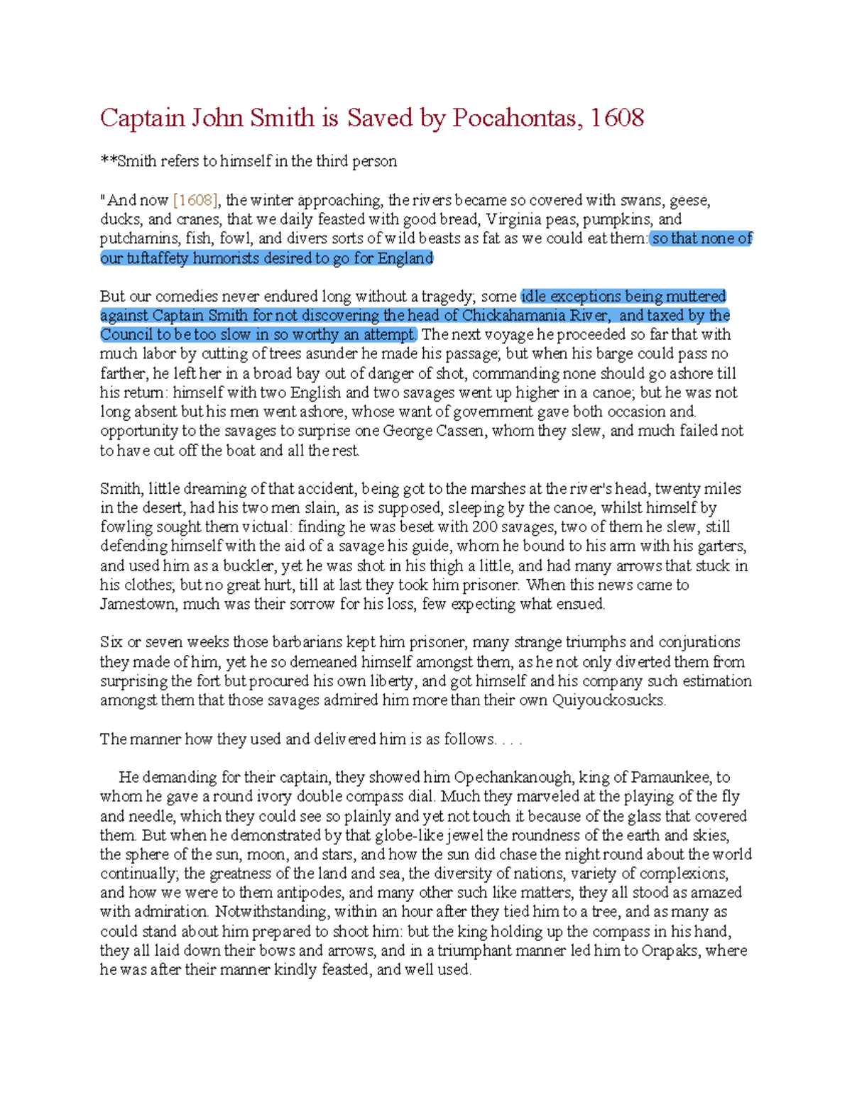 Capt John Smith - primary source assignment - Captain John Smith is ...