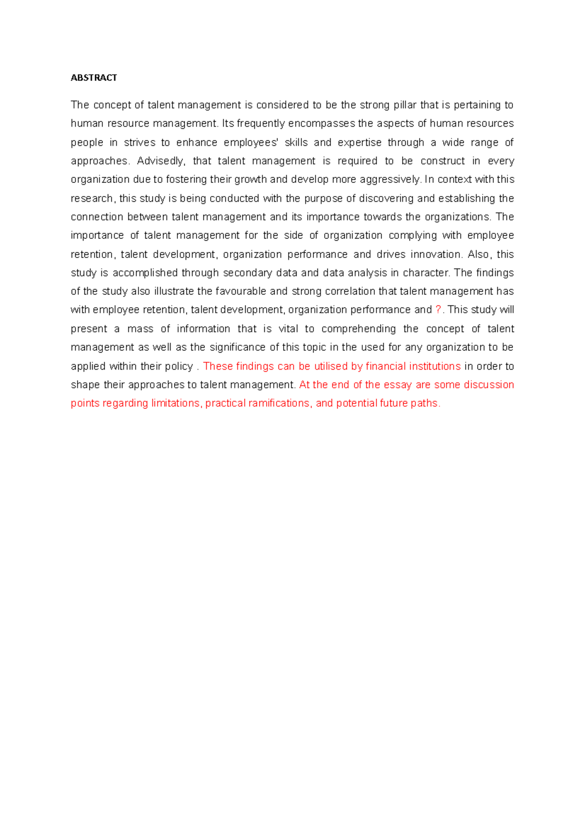 Importance 1 - Employee Retention - ABSTRACT The concept of talent ...