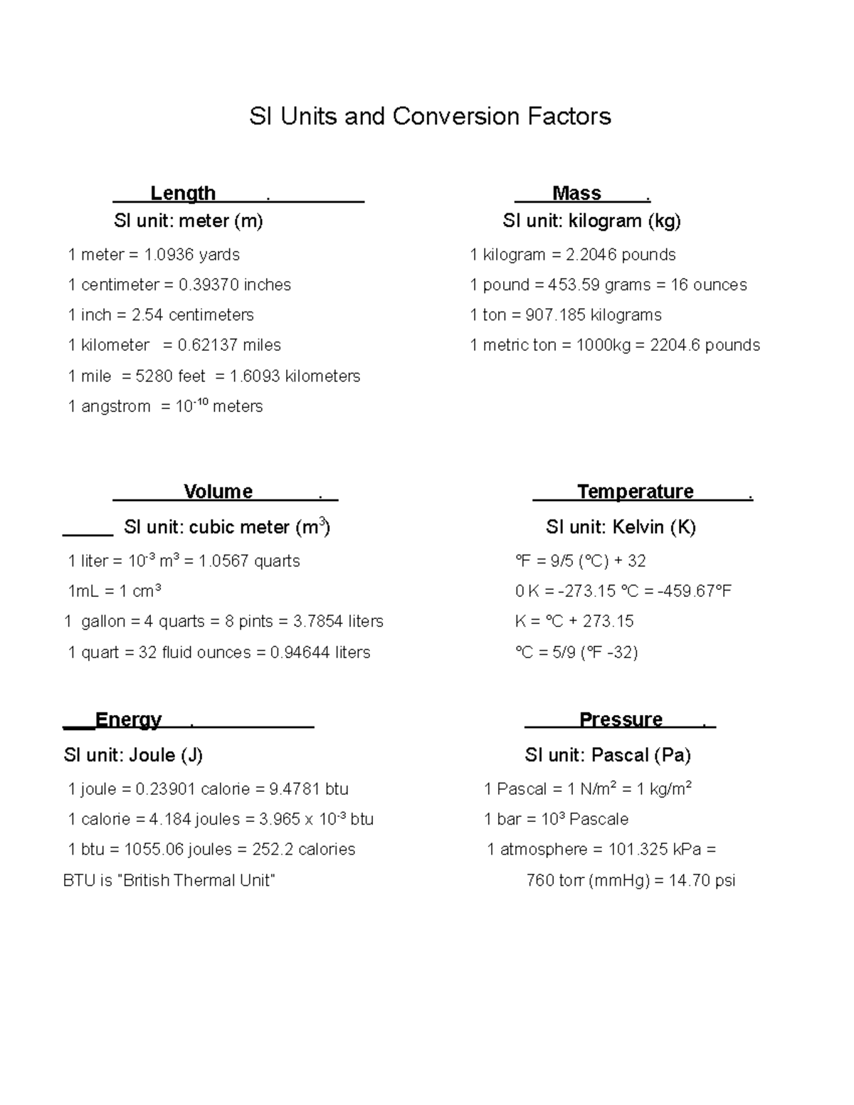 SI Units and Conversion Factors - SI Units and Conversion Factors ...