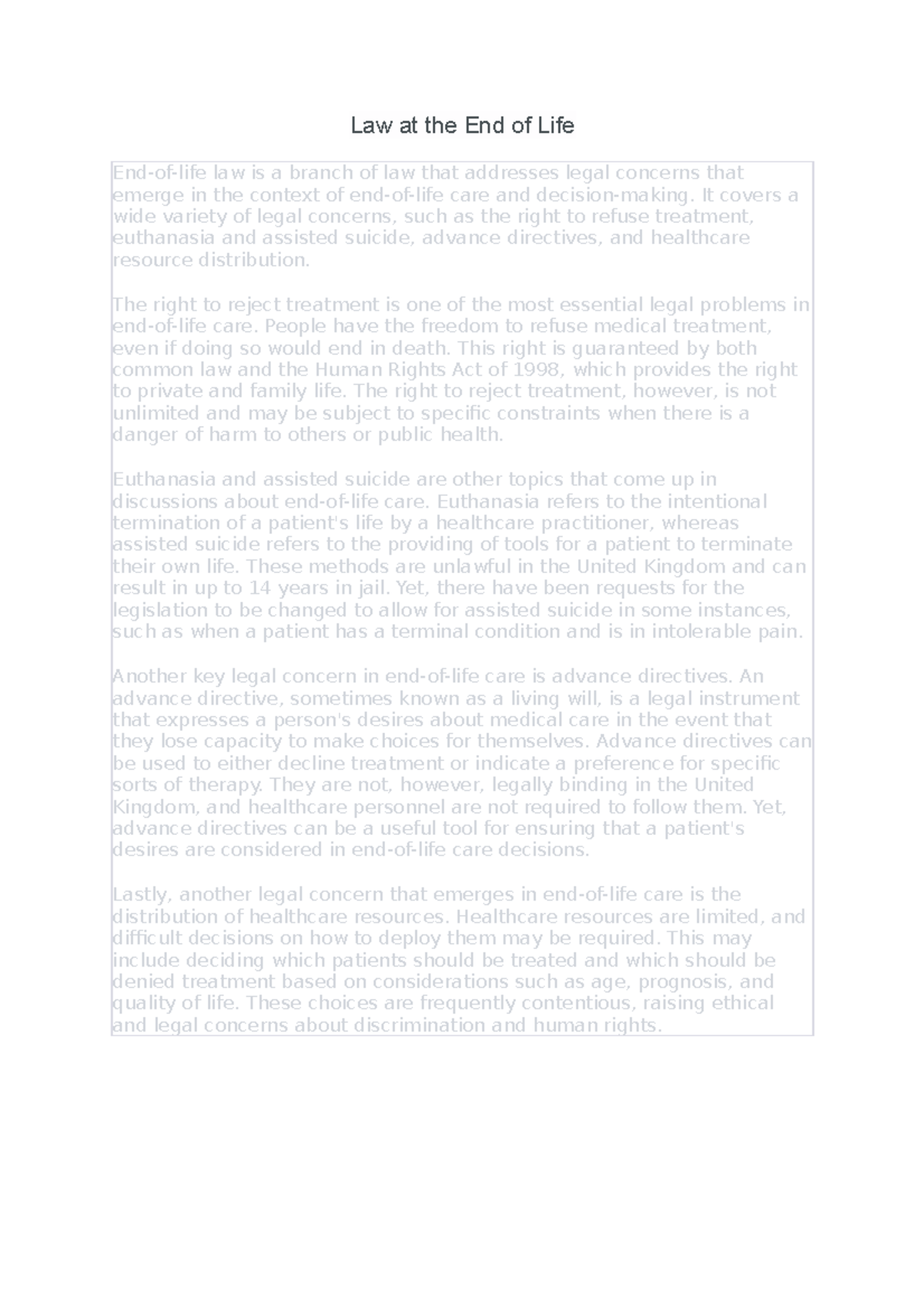 Notes Law at the End of Life - SPR7004 - BCU - Studocu