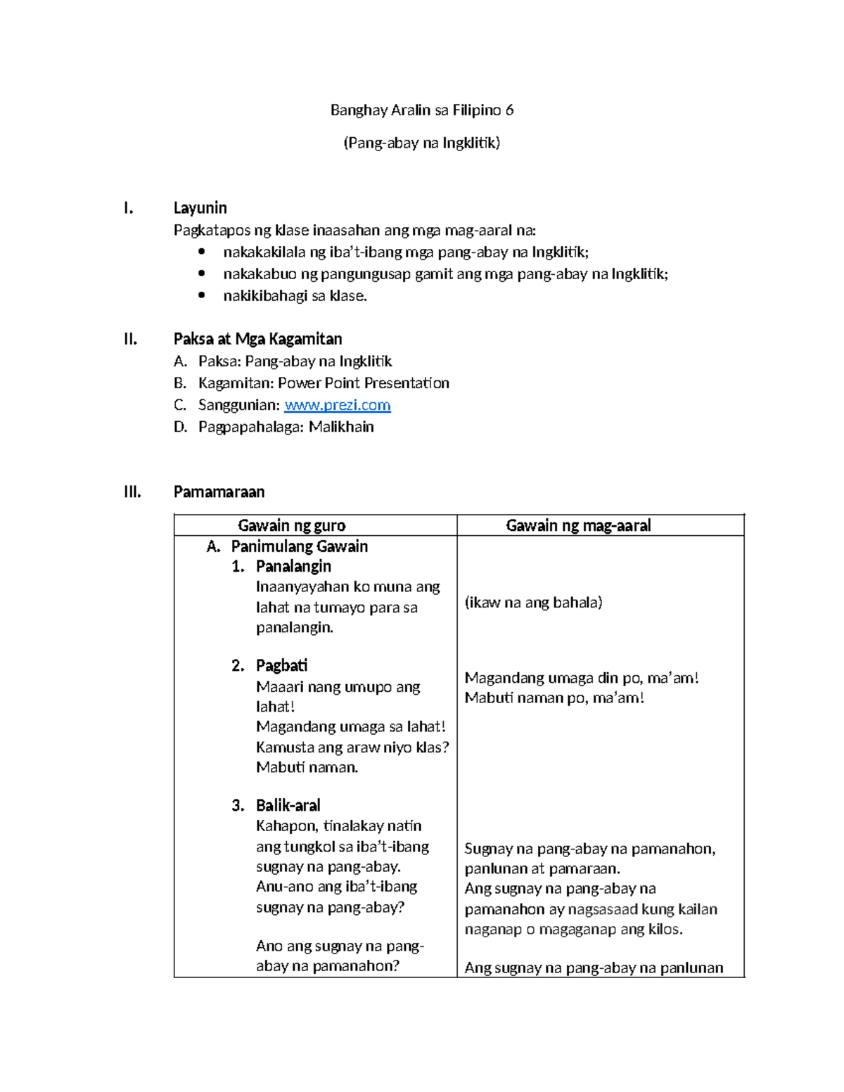 Banghay Aralin sa Filipino 6 - Layunin Pagkatapos ng klase inaasahan ...