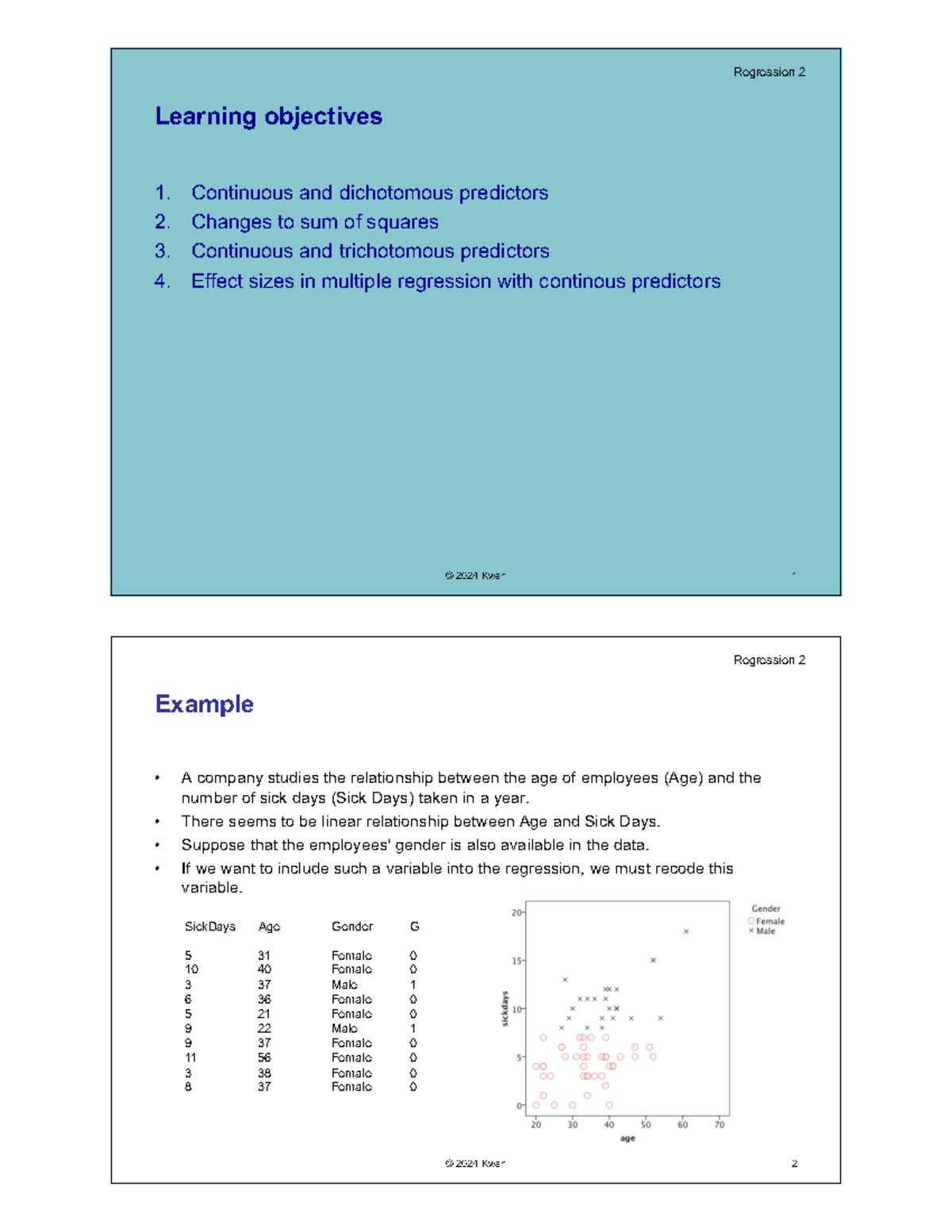 Regression 2 dv - Learning objectives Continuous and dichotomous predictors Changes to sum of ...