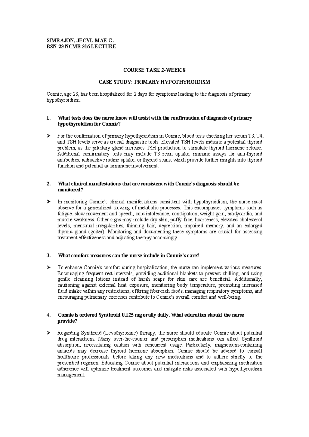 Course TASK 2-WK 8 - Case study - SIMBAJON, JECYL MAE G. BSN-23 NCMB 316 LECTURE COURSE TASK 2 ...