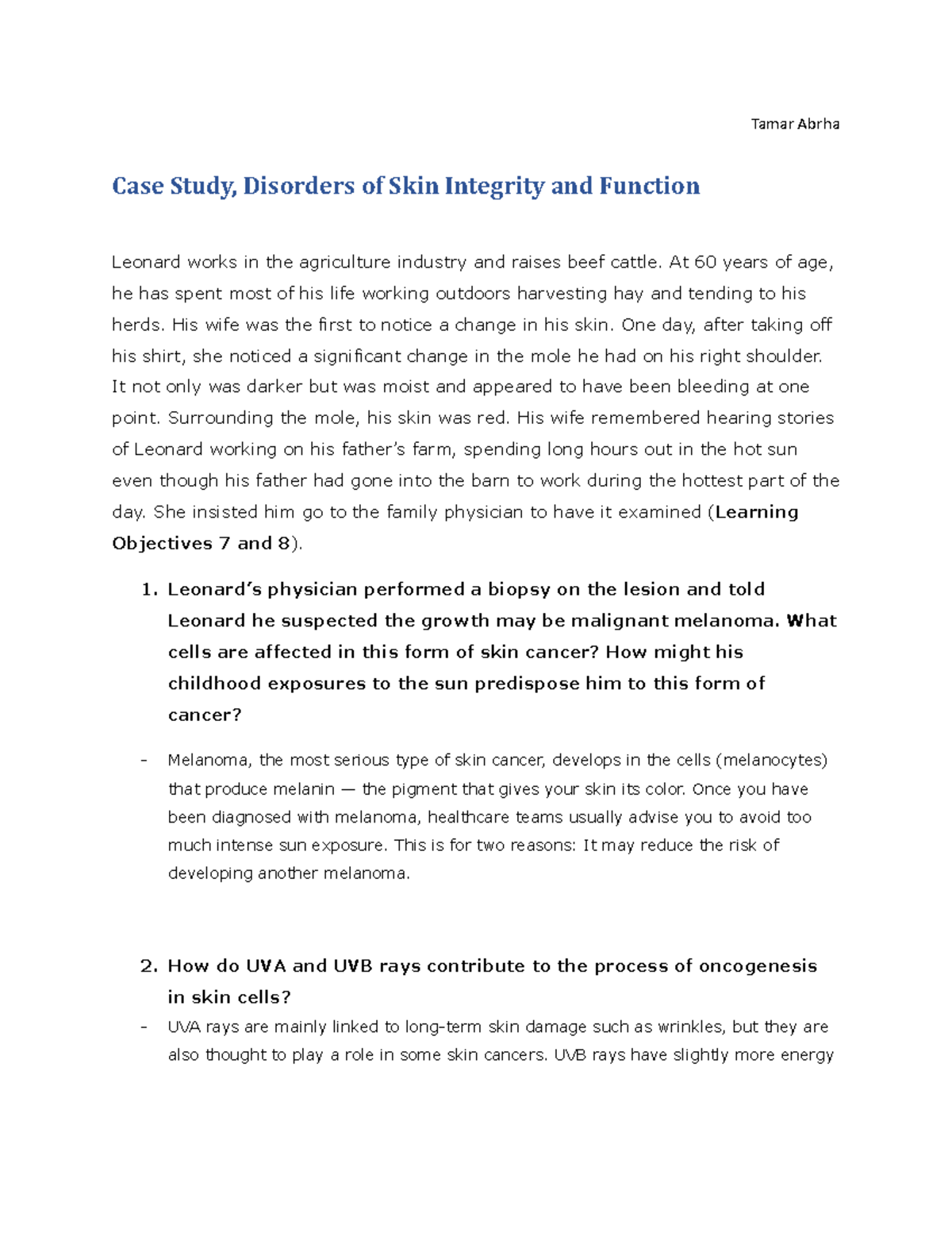Case study, Melanoma.docx - Tamar Abrha Case Study, Disorders of Skin ...