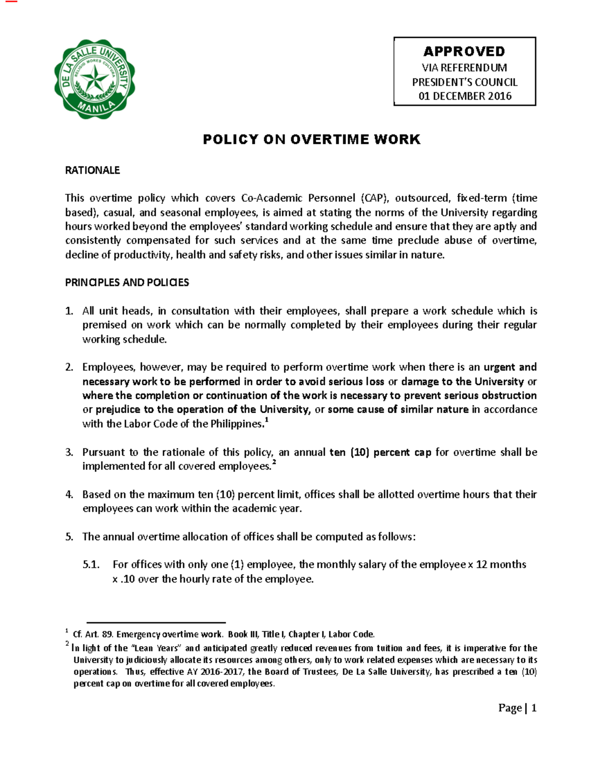 Policy-overtime-work - Page | 1 VIA REFERENDUM PRESIDENT’S COUNCIL 01 ...