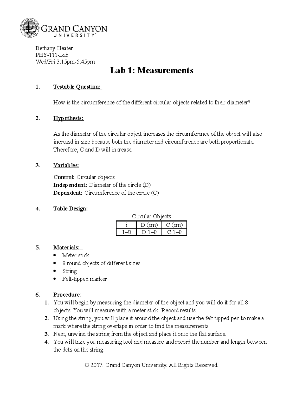 PHY-111L-RS-Lab1 Measurements - Bethany Heater PHY-111-Lab Wed/Fri 3:15pm-5:45pm Lab 1 ...