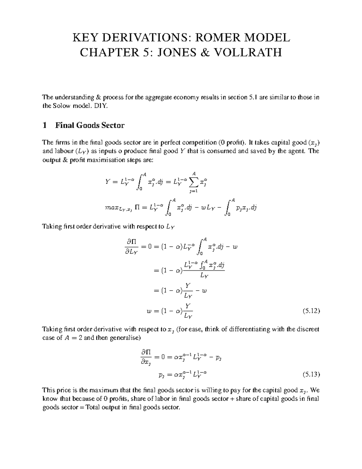Romer Model Notes - KEY DERIVATIONS: ROMER MODEL CHAPTER 5: JONES ...