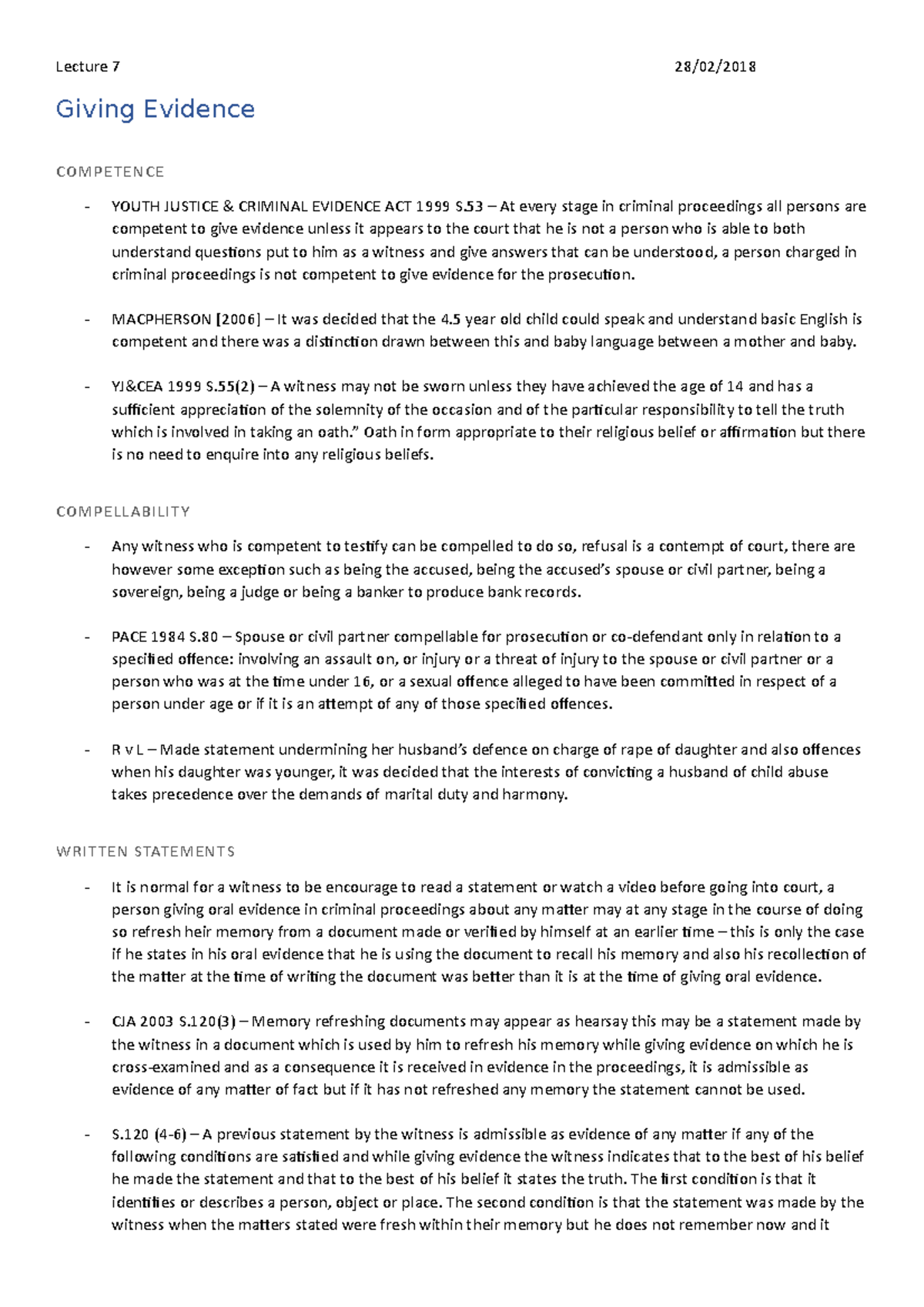 7. Giving Evidence for Trial - Lecture 7 28/02/2018 Giving Evidence ...