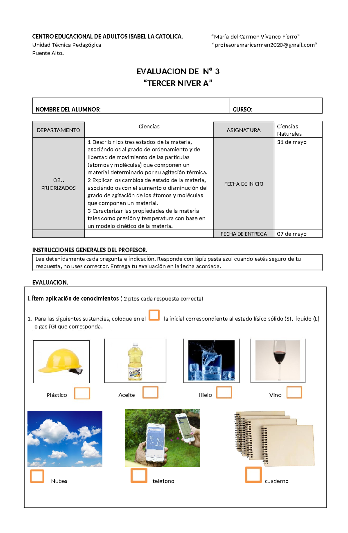 Evaluacion 3 Ciencias 3 Nivel Basico - CENTRO EDUCACIONAL DE ADULTOS ...