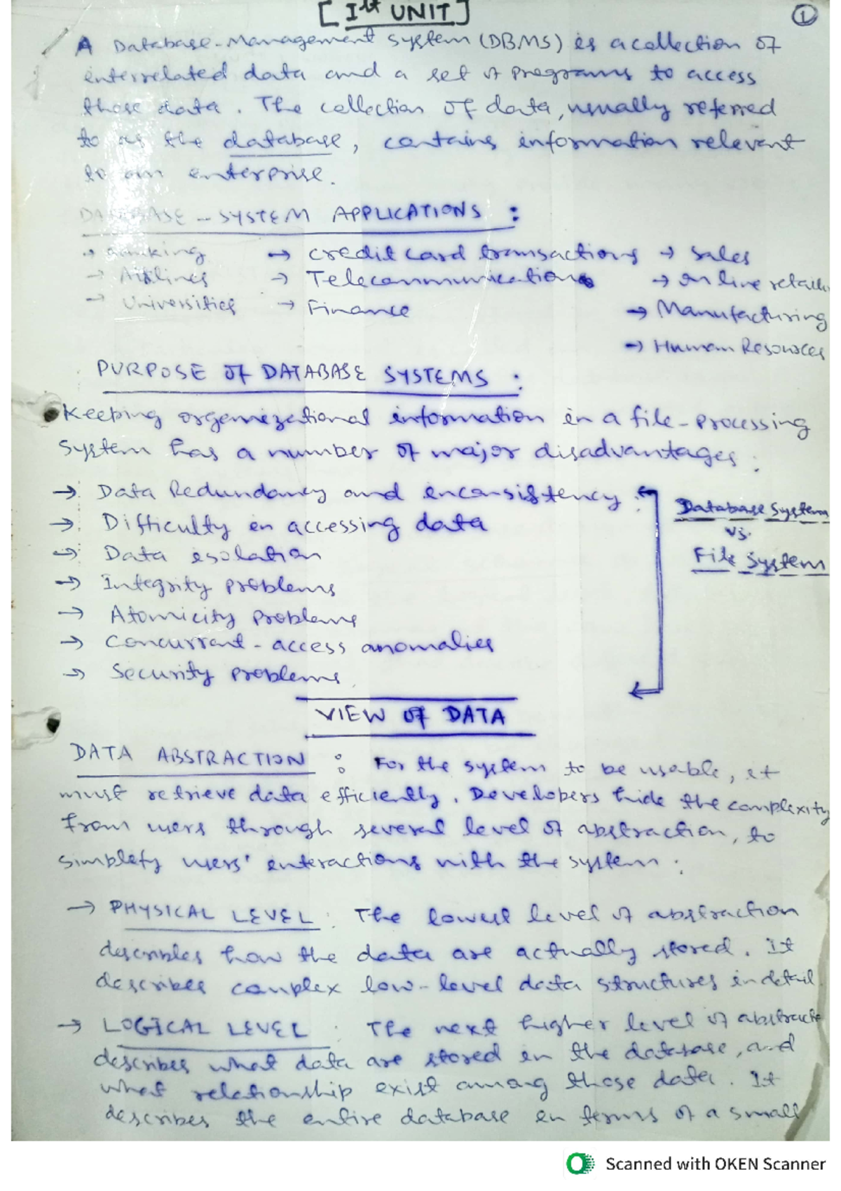 DBMS'Unit 1 Notes - D A system (DBMS) is a collection of interrelated ...