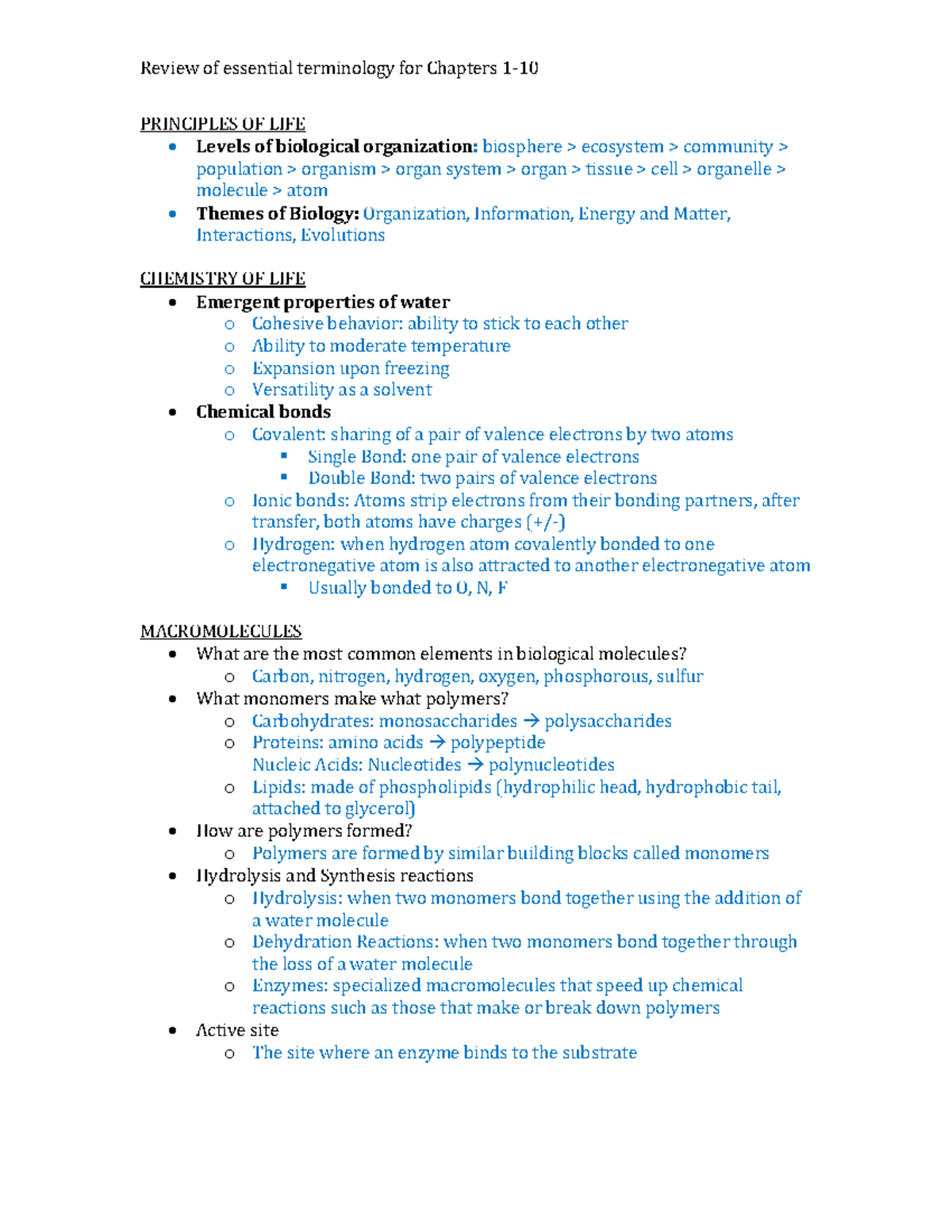 Midterm I Study Guide - PRINCIPLES OF LIFE **Levels of biological ...