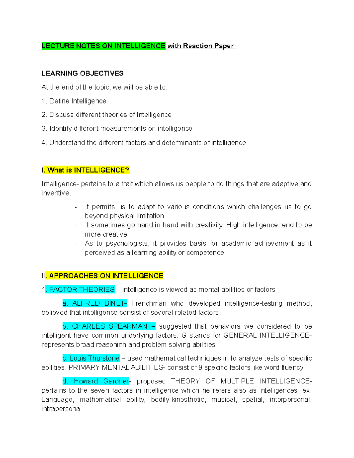 Lecture Notes ON Intelligence (With reaction) - LECTURE NOTES ON ...