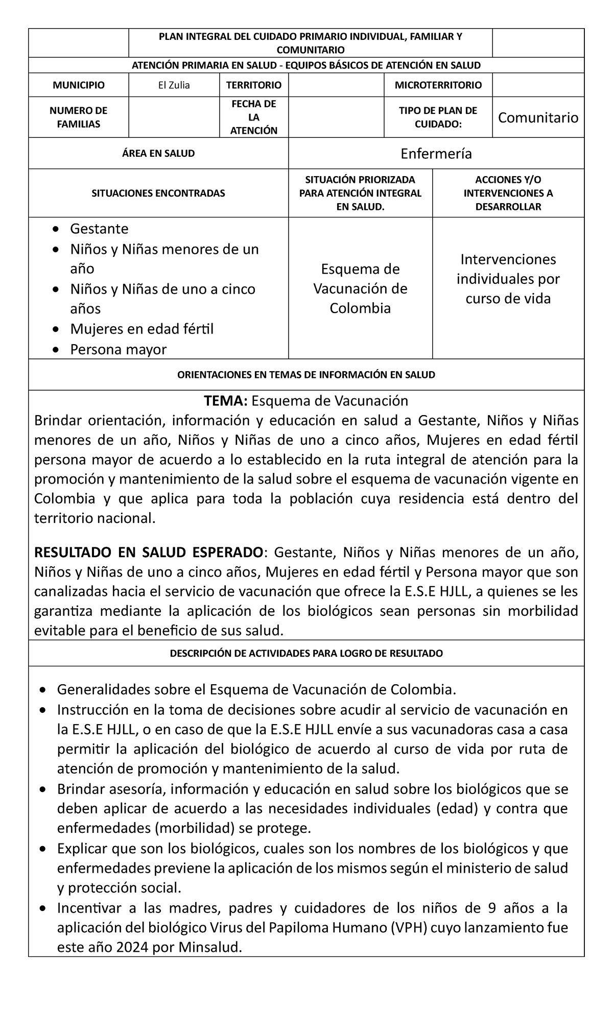 PLAN DE Cuidado Esquema Vacunación - PLAN INTEGRAL DEL CUIDADO PRIMARIO INDIVIDUAL, FAMILIAR Y ...