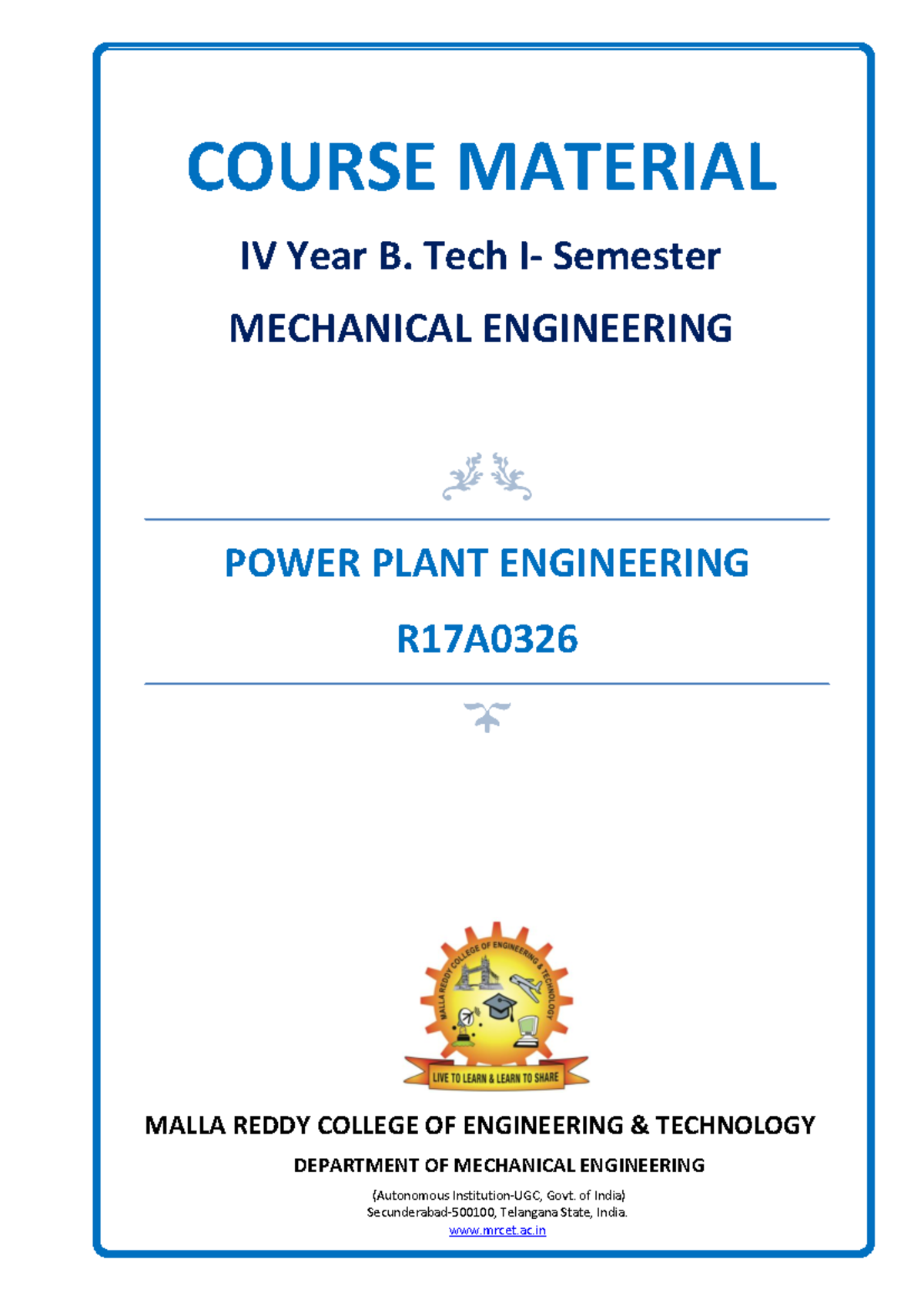 Notes 1 Power Plant - MALLA REDDY COLLEGE OF ENGINEERING & TECHNOLOGY ...