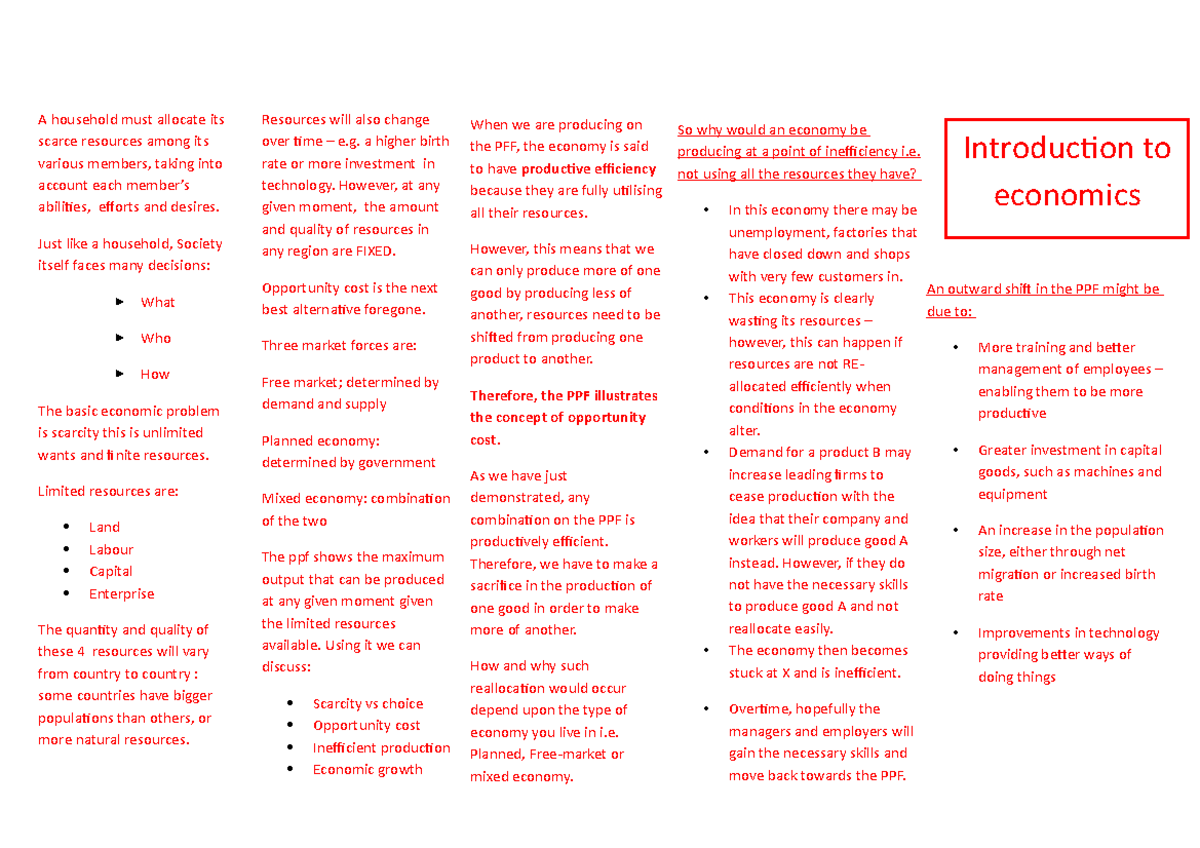 Introduction to economics - full notes - A household must allocate its ...