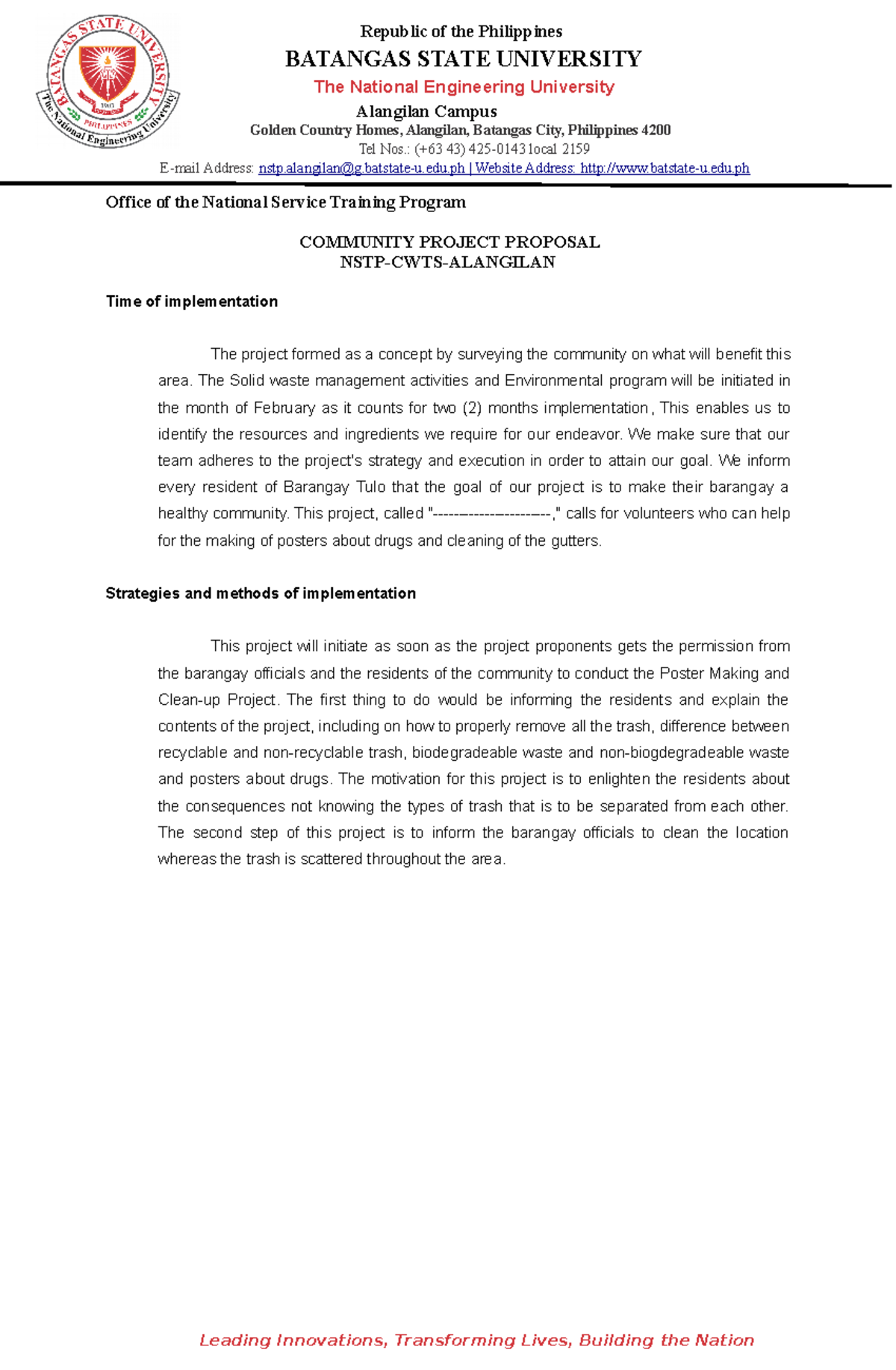 CWTS Project Proposal Format 2022 1 - Republic of the Philippines ...