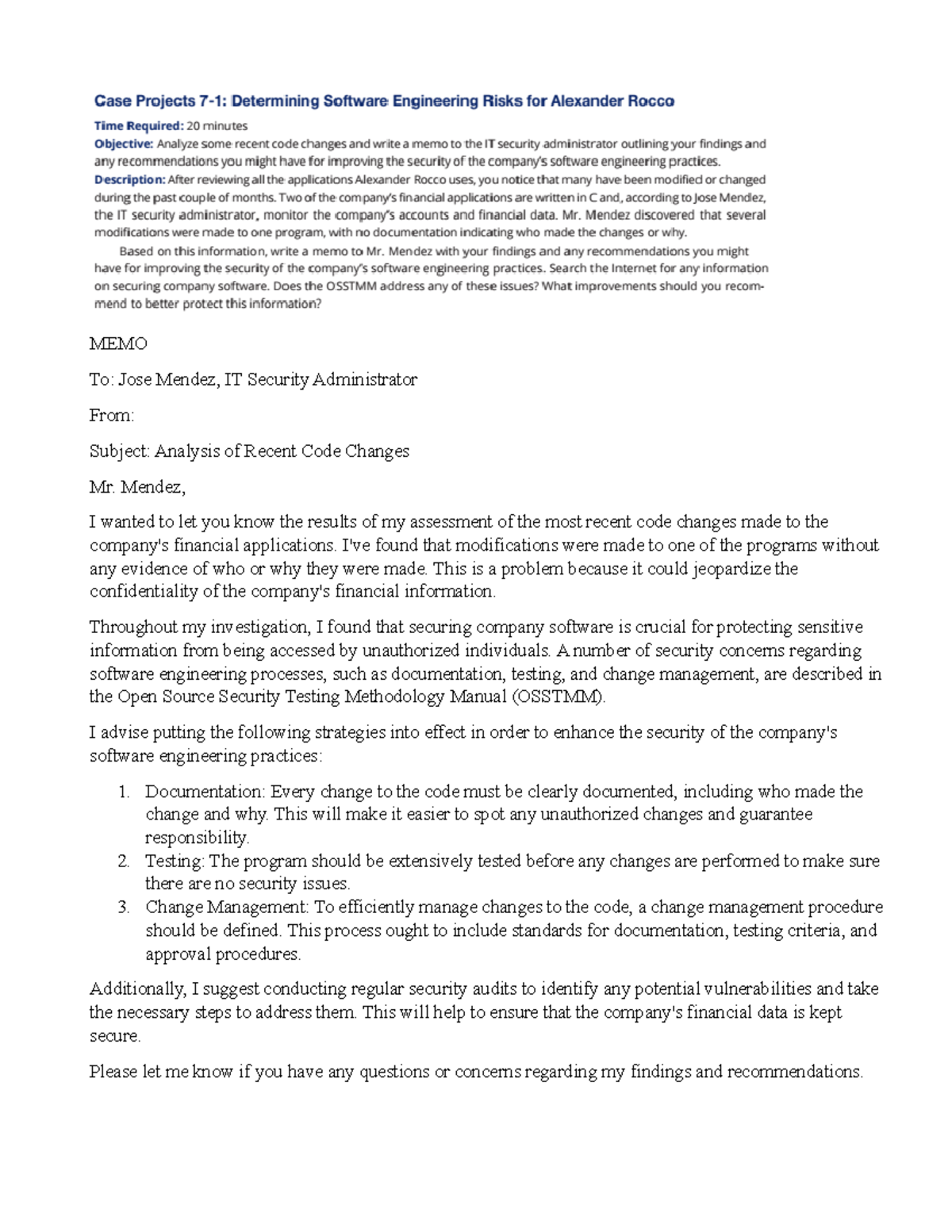 Module 7 Case 7 1 Case Project Memo To Jose Mendez It Security Administrator From Subject