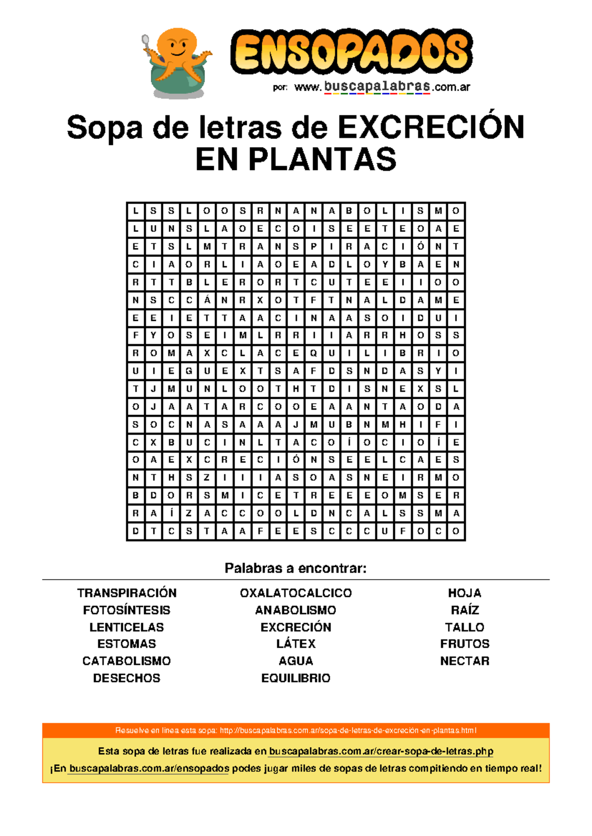 Sopa de letras de excreción en plantas - Sopa de letras de EXCRECIÓN EN ...